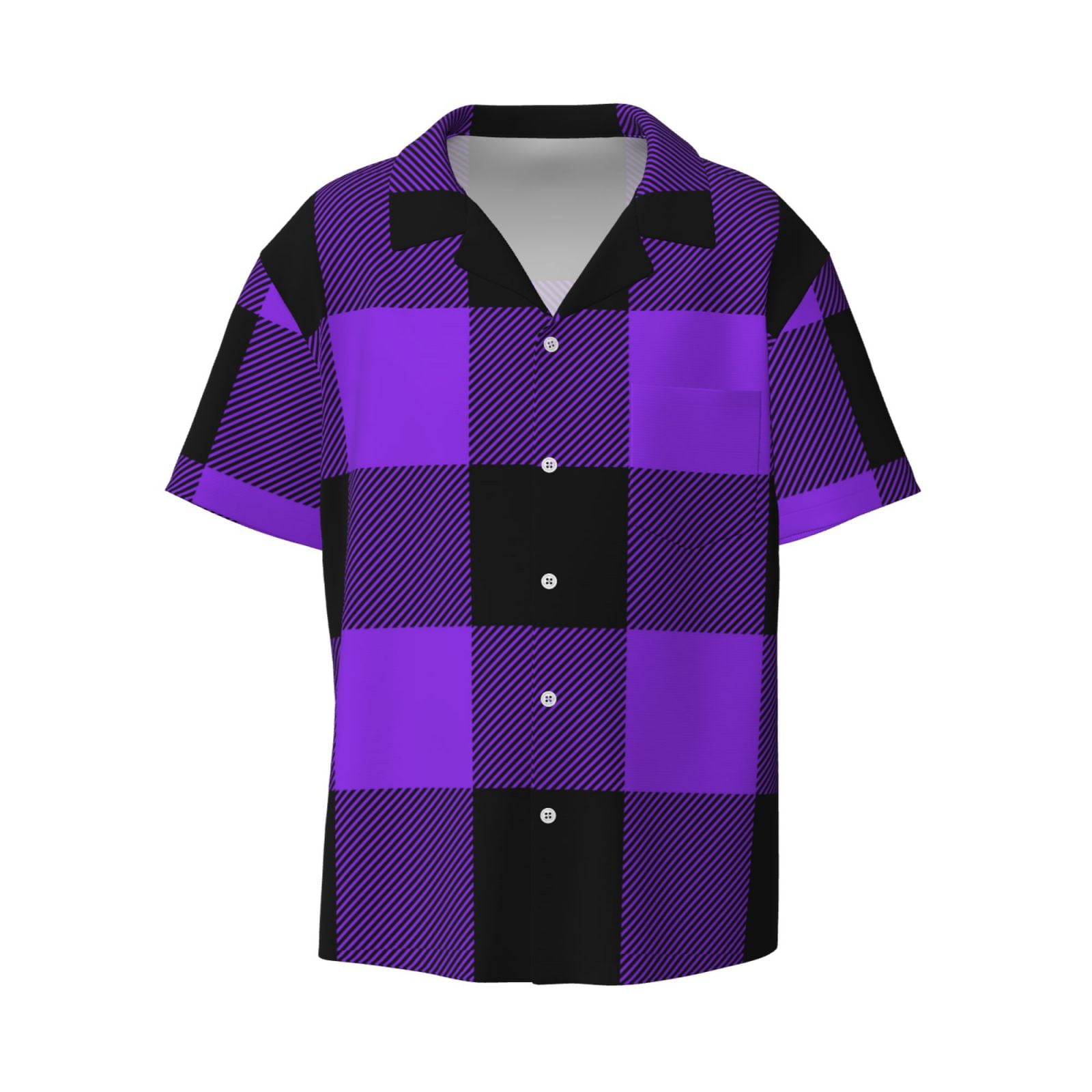 Gaeub Purple Buffalo Plaid Men's Lapel Short Sleeve Shirt, Relaxed Fit ...