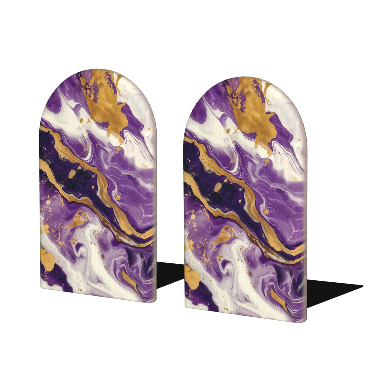 Gaeub Purple Gold Marble Swirls Wood Bookends, Non-Slip Bookends, Heavy ...