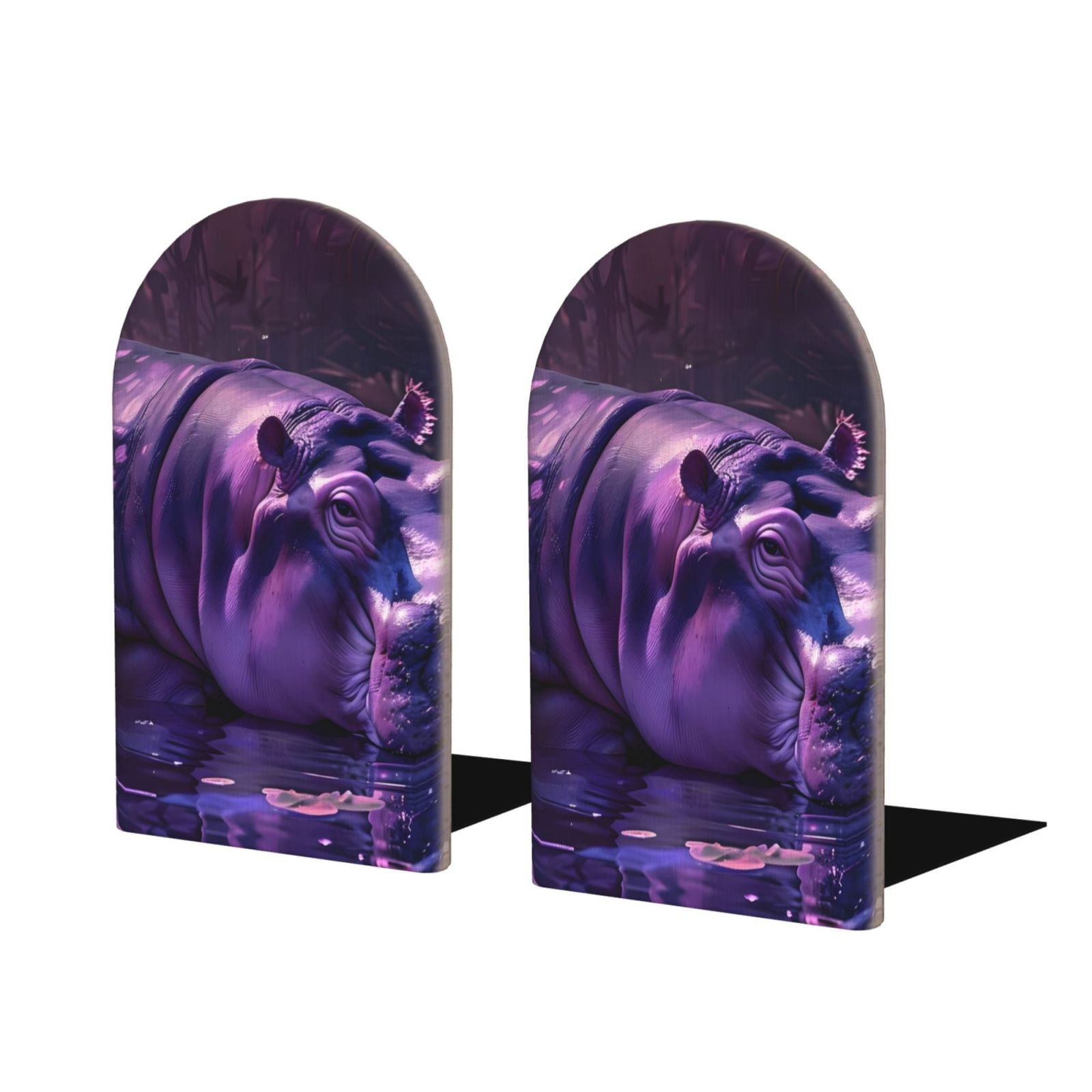 Gaeub Purple Hippo In Water Wood Bookends, Non-Slip Bookends, Heavy ...