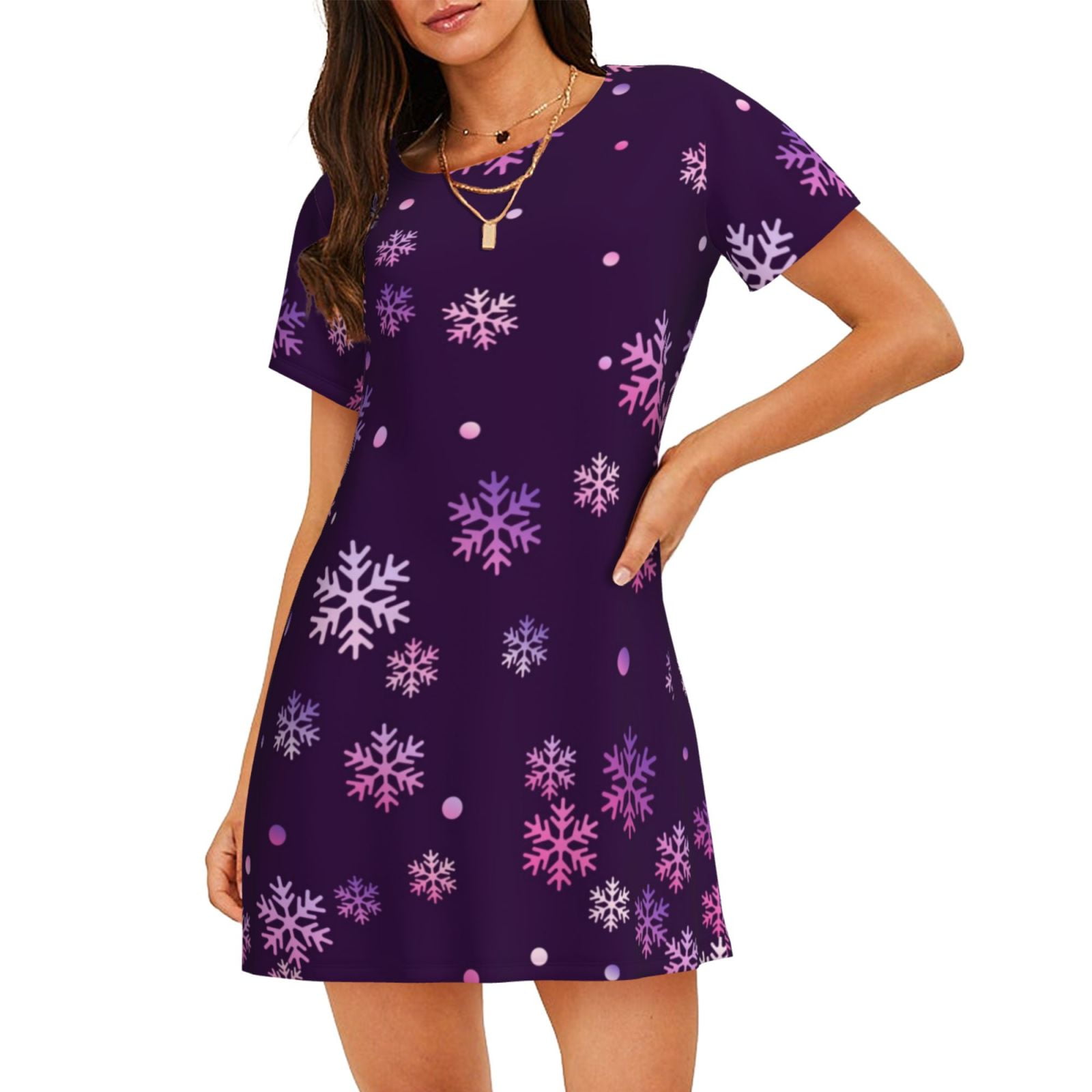 Gaeub Purple Snow Flakes Print Women's Short-Sleeved Nightdress,Loose ...