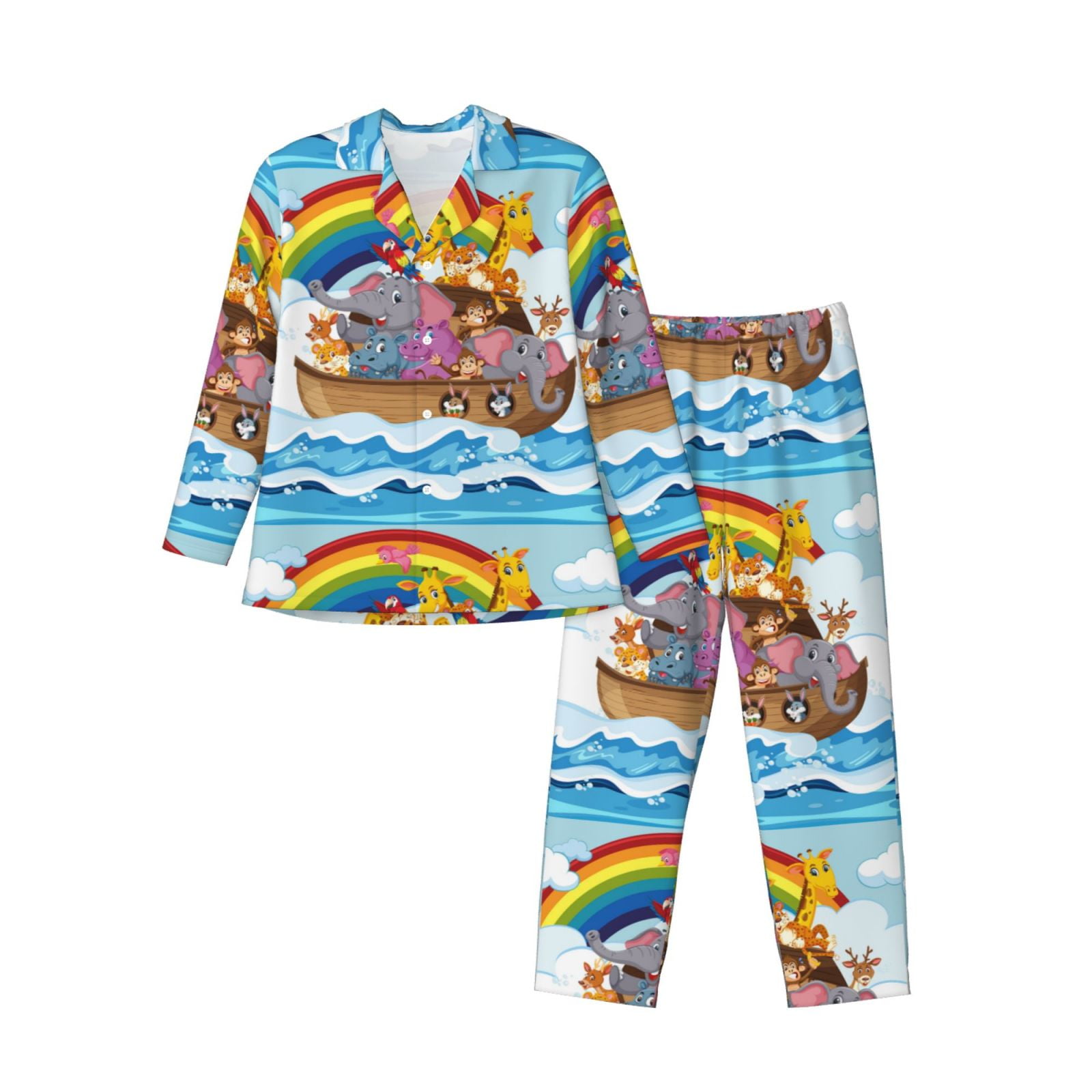 Gaeub Rainbow Animals on Noah's Ark Print Mens Pajama Set, Long Sleeve ...