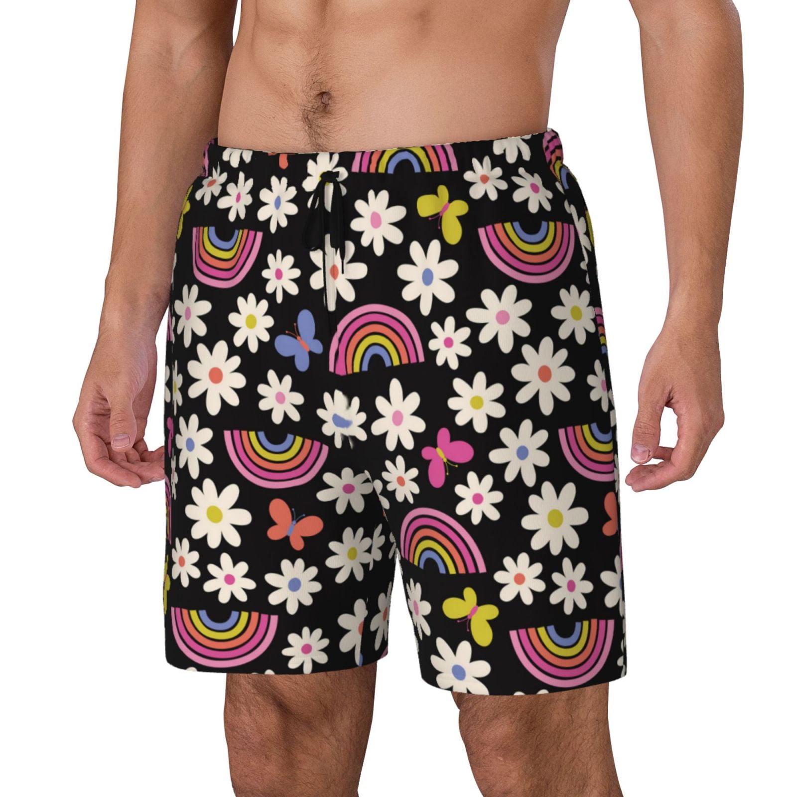 Gaeub Rainbow Flowers Print Mens Swim Trunks with Compression Liner ...