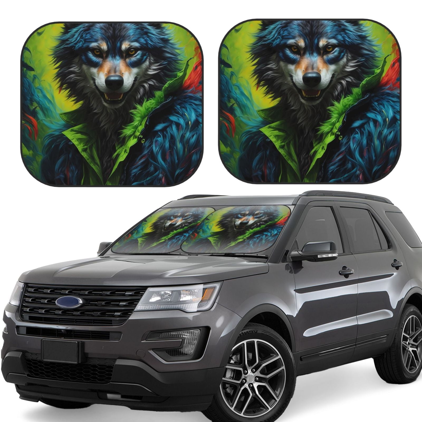 Gaeub Realistic Style Wolf Warrior Print 2-Piece Windshield Sun Shade ...