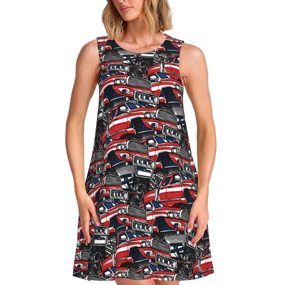 Gaeub Red And Blue Cars Print Women's Sleeveless Dresses,Beach Casual ...