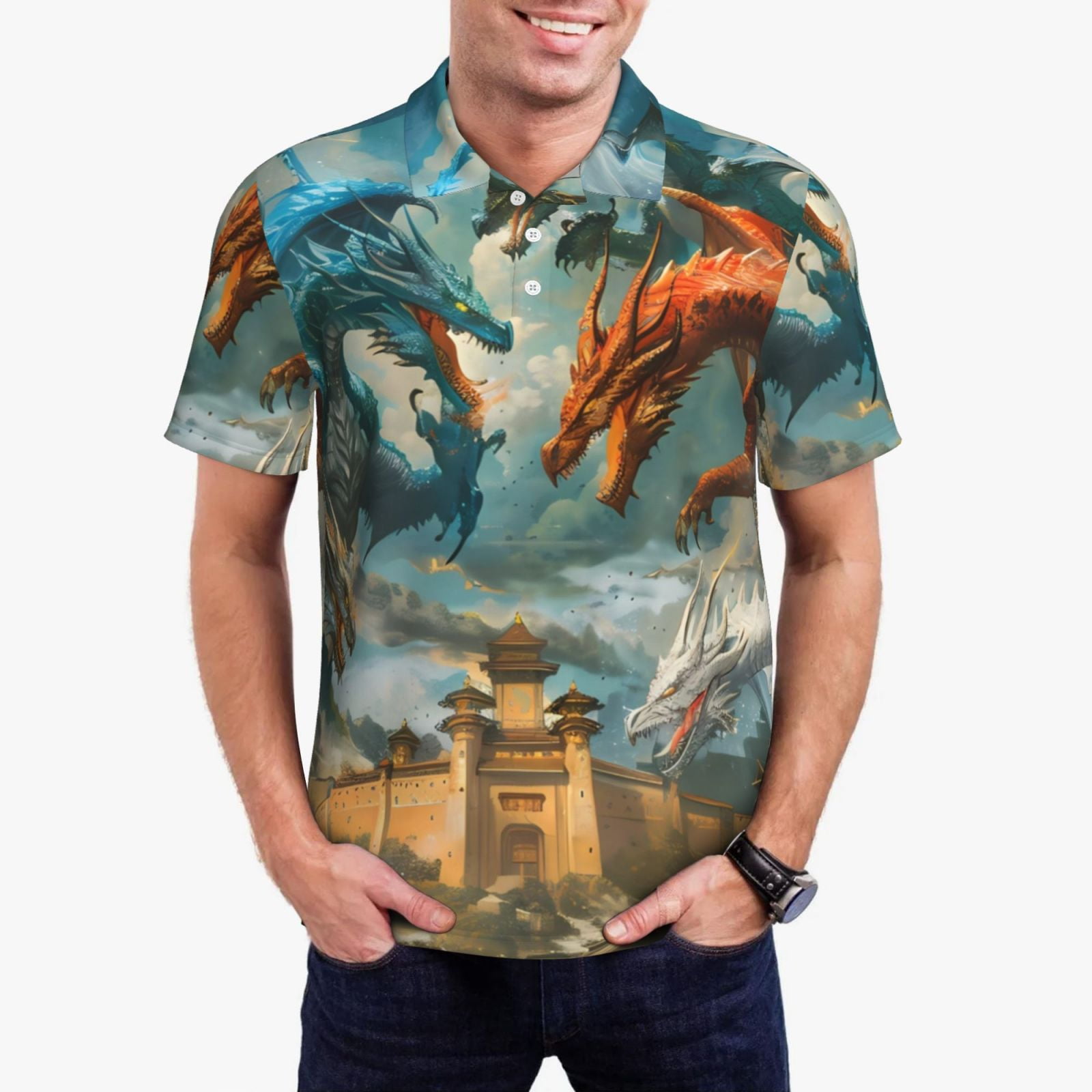Gaeub Red Blue Dragon Battle Epic Print Men's Polo Shirts, Short Sleeve ...