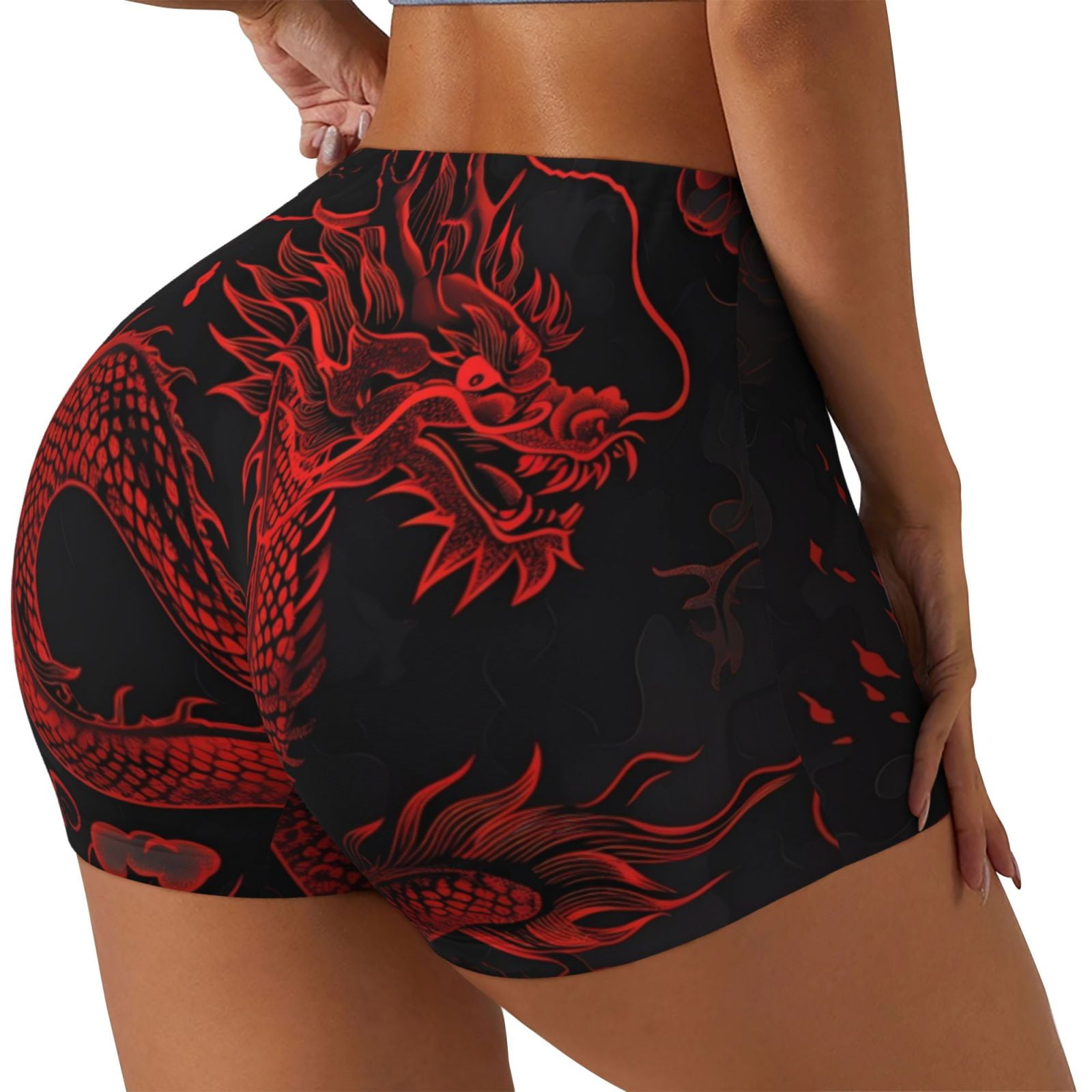 Gaeub Red Dragon On Black Print Workout Shorts for Women,Seamless Scrunch Short,Gym Yoga Running ...