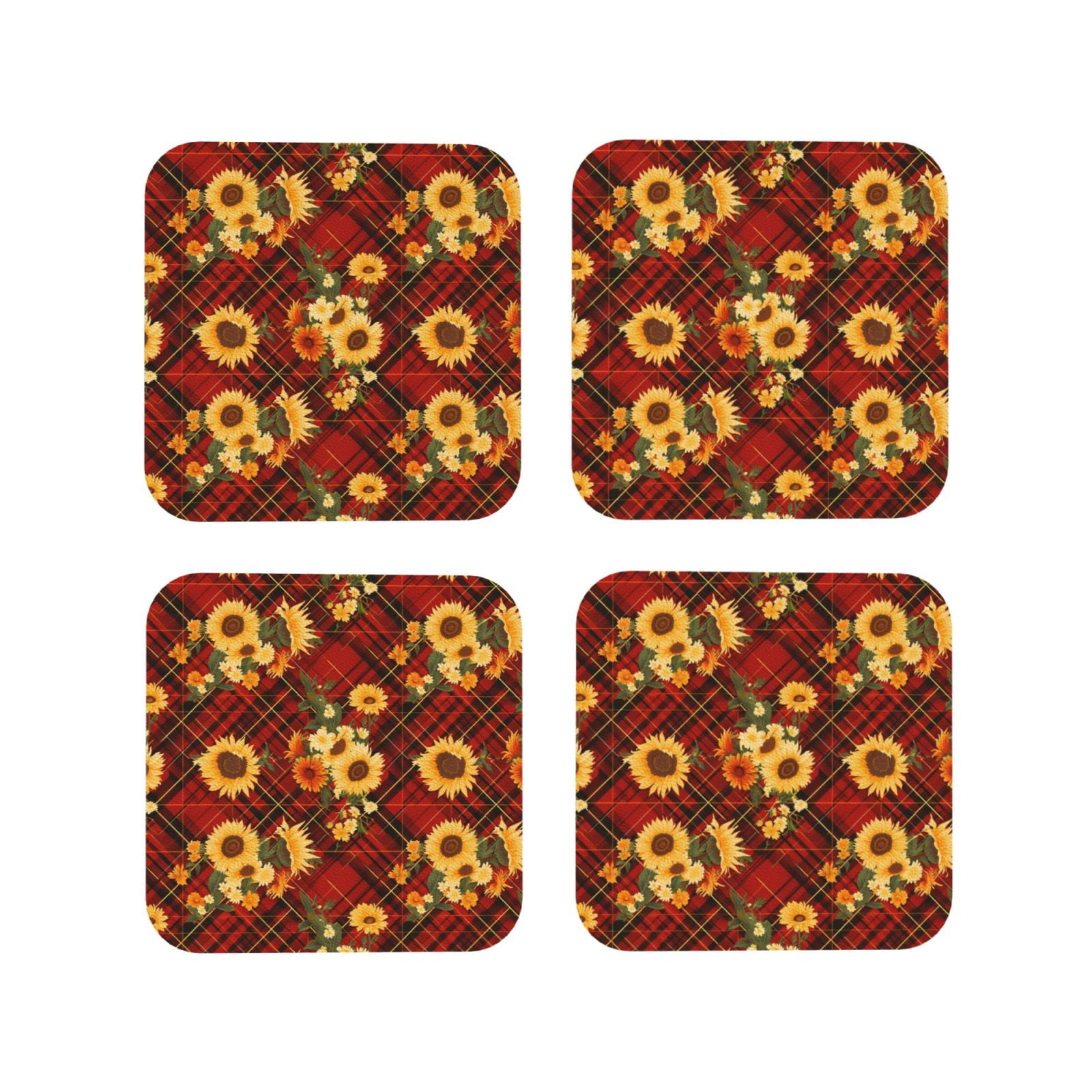 Gaeub Red Plaid Sunflower Print 4 Pcs Leather Coasters for Drinks ...