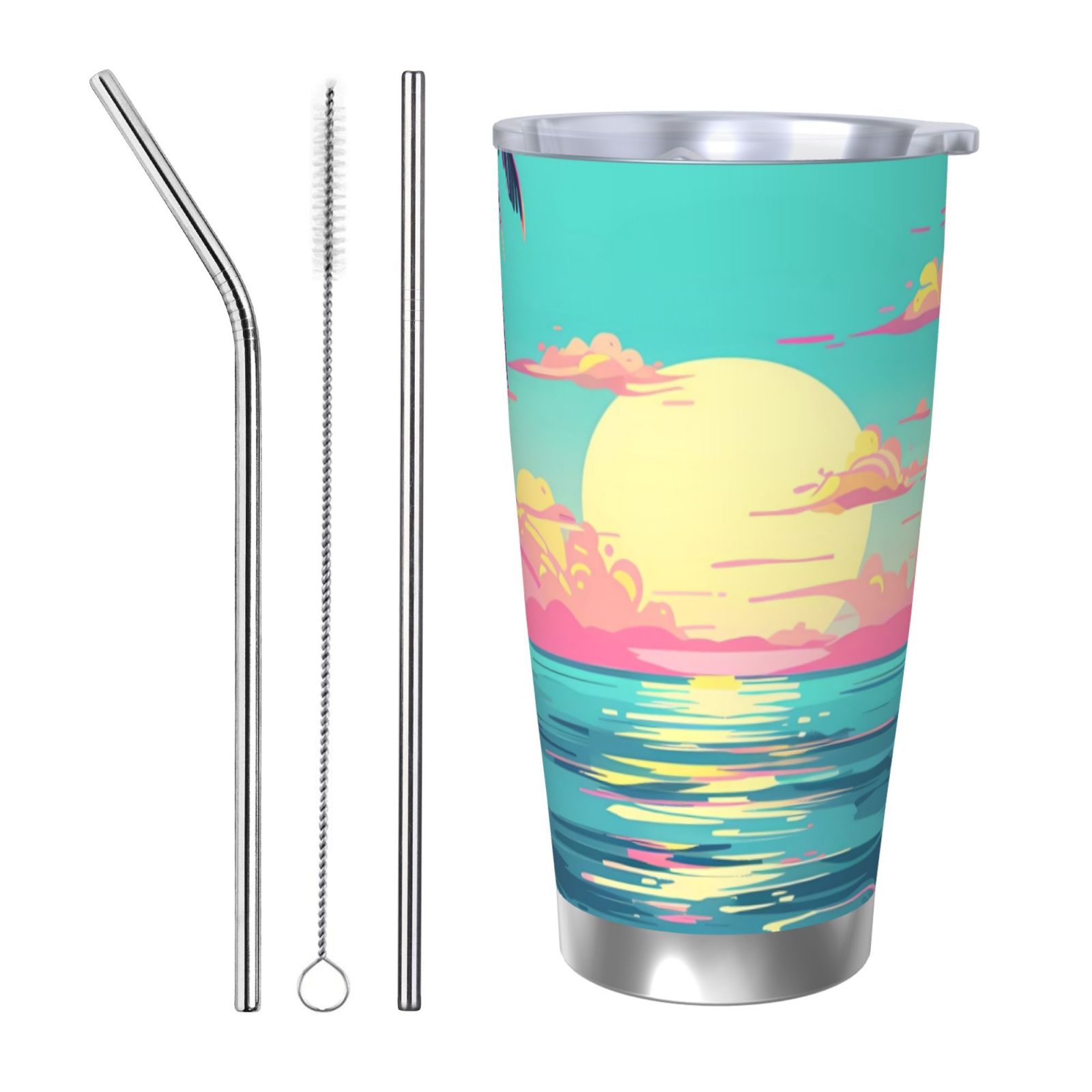 Gaeub Retro Palm Beach Sunset Print 20-Ounce Stainless Steel Car Cup ...