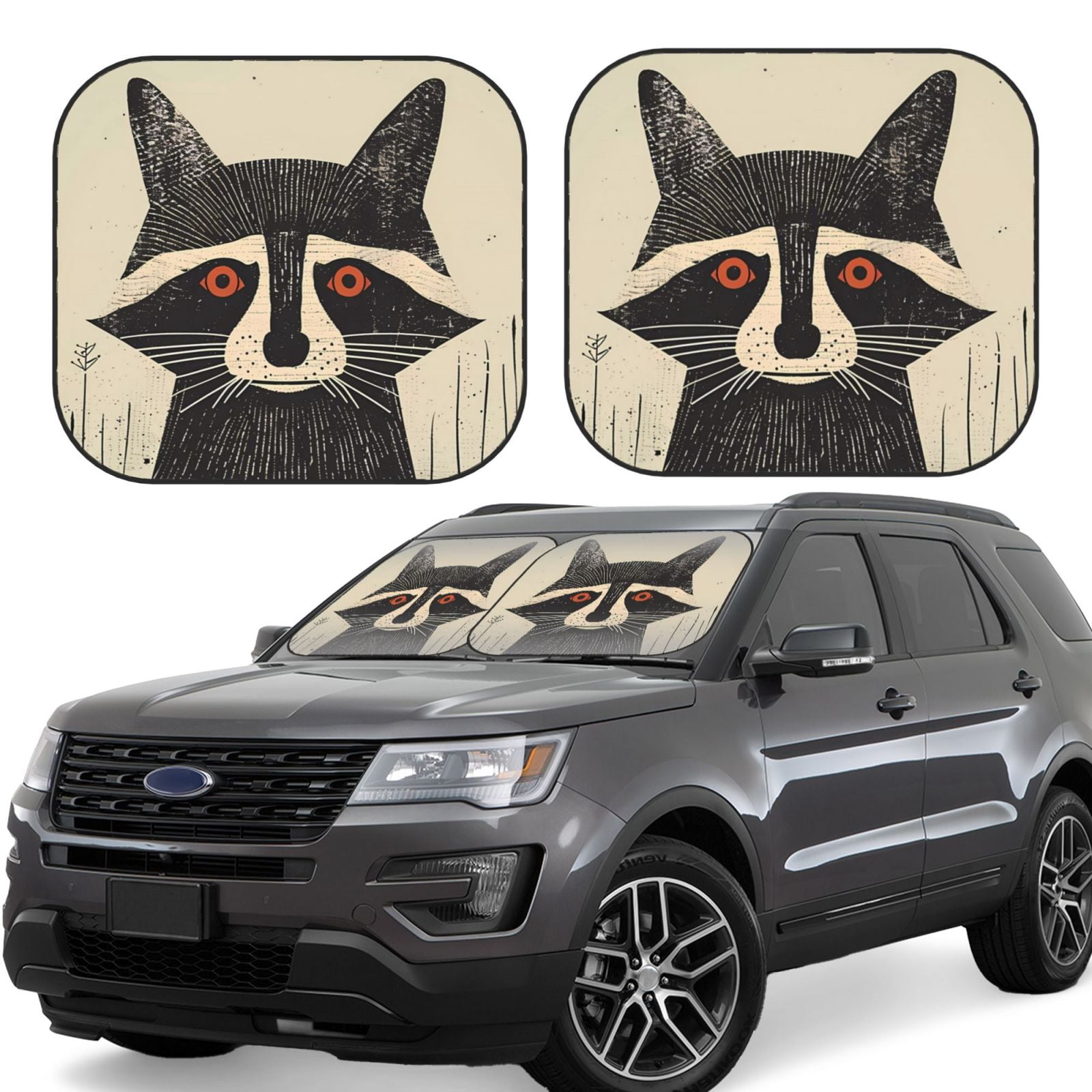Gaeub Retro Raccoon Graphic Print Print 2-Piece Windshield Sun Shade ...