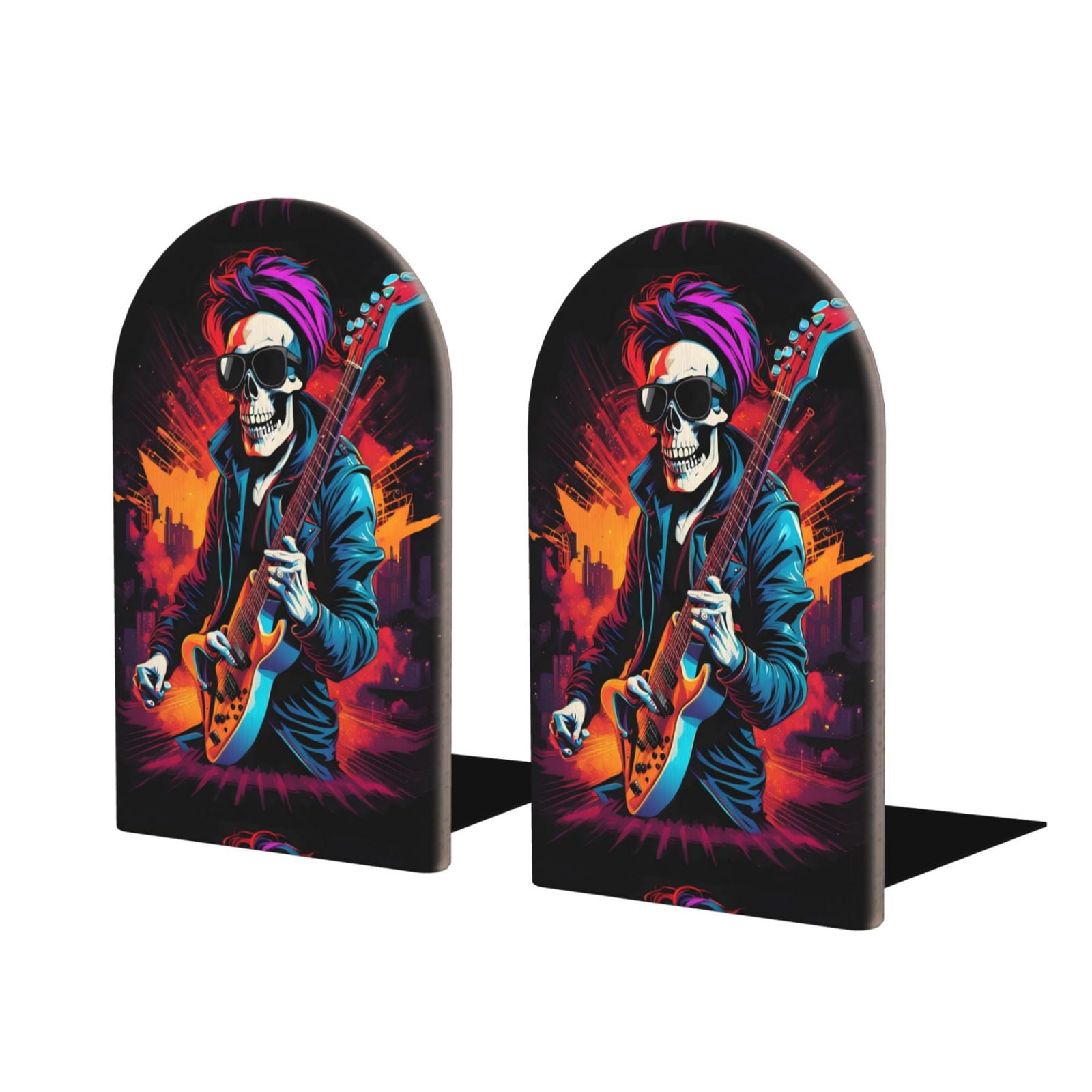 Gaeub Rock Skull Singer Wood Bookends, Non-Slip Bookends, Heavy Duty ...