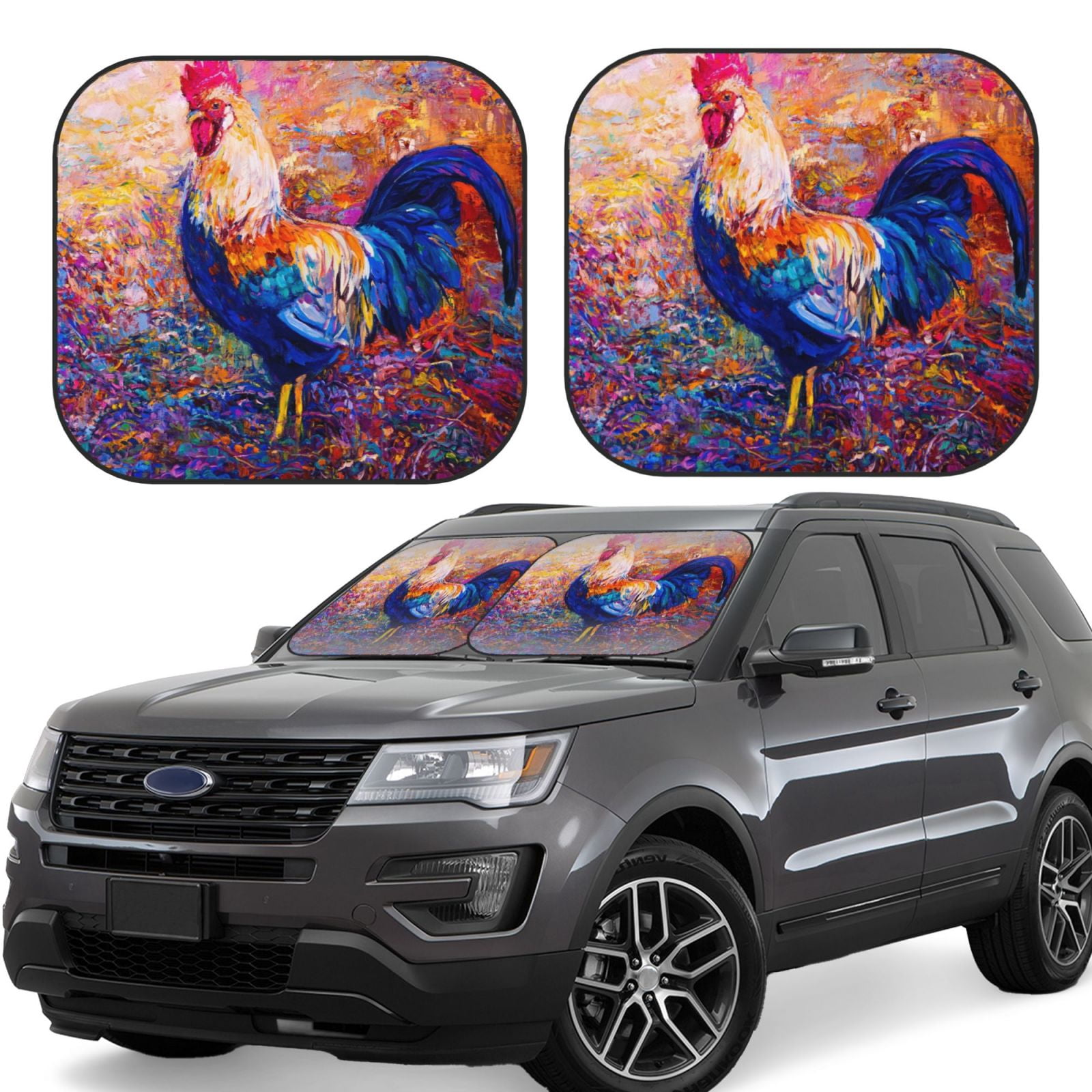 Gaeub Rooster Oil Painting Print 2-Piece Windshield Sun Shade,Foldable ...