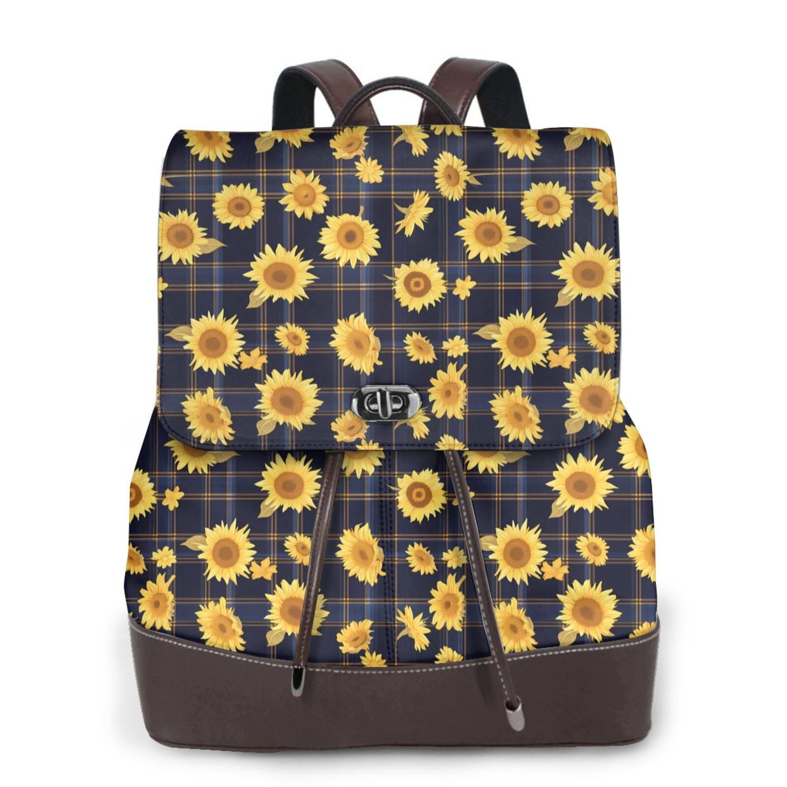 Gaeub Royal Blue Plaid Sunflower Print Women's Leather Backpack,Travel ...
