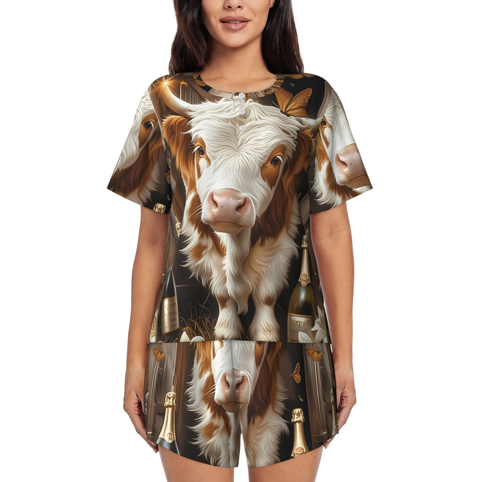 Gaeub Rustic Cow Butterflies Champagne Women's Short Sleeve Pajama Set ...