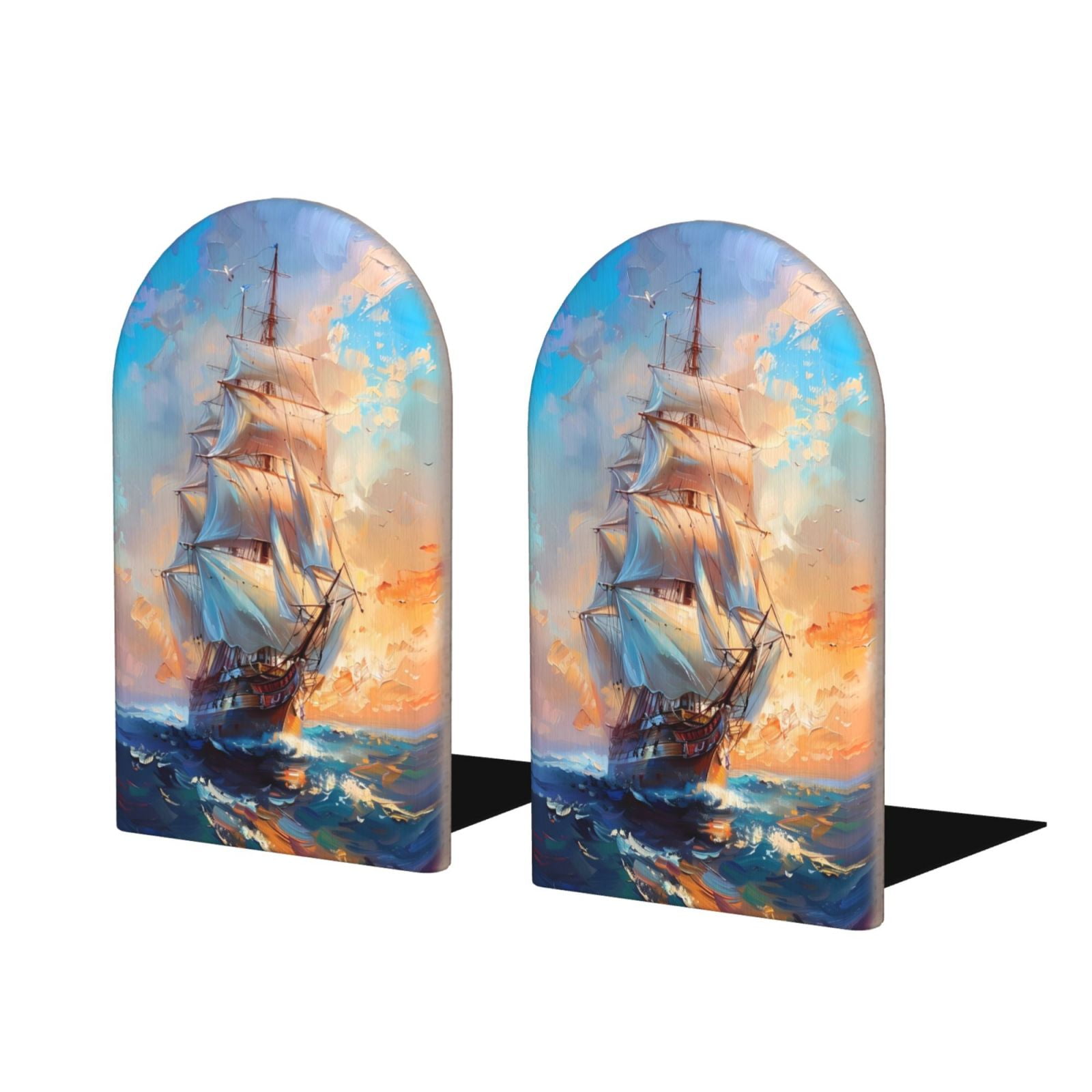 Gaeub Sailing Ship Ocean Sunset Wood Bookends, Non-Slip Bookends, Heavy ...