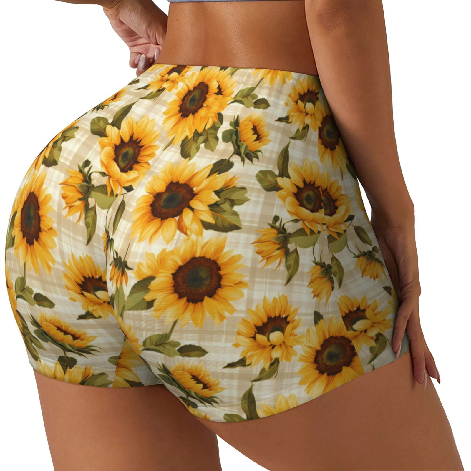 Gaeub Scottish Plaid Sunflower Print Workout Shorts for Women,Seamless ...