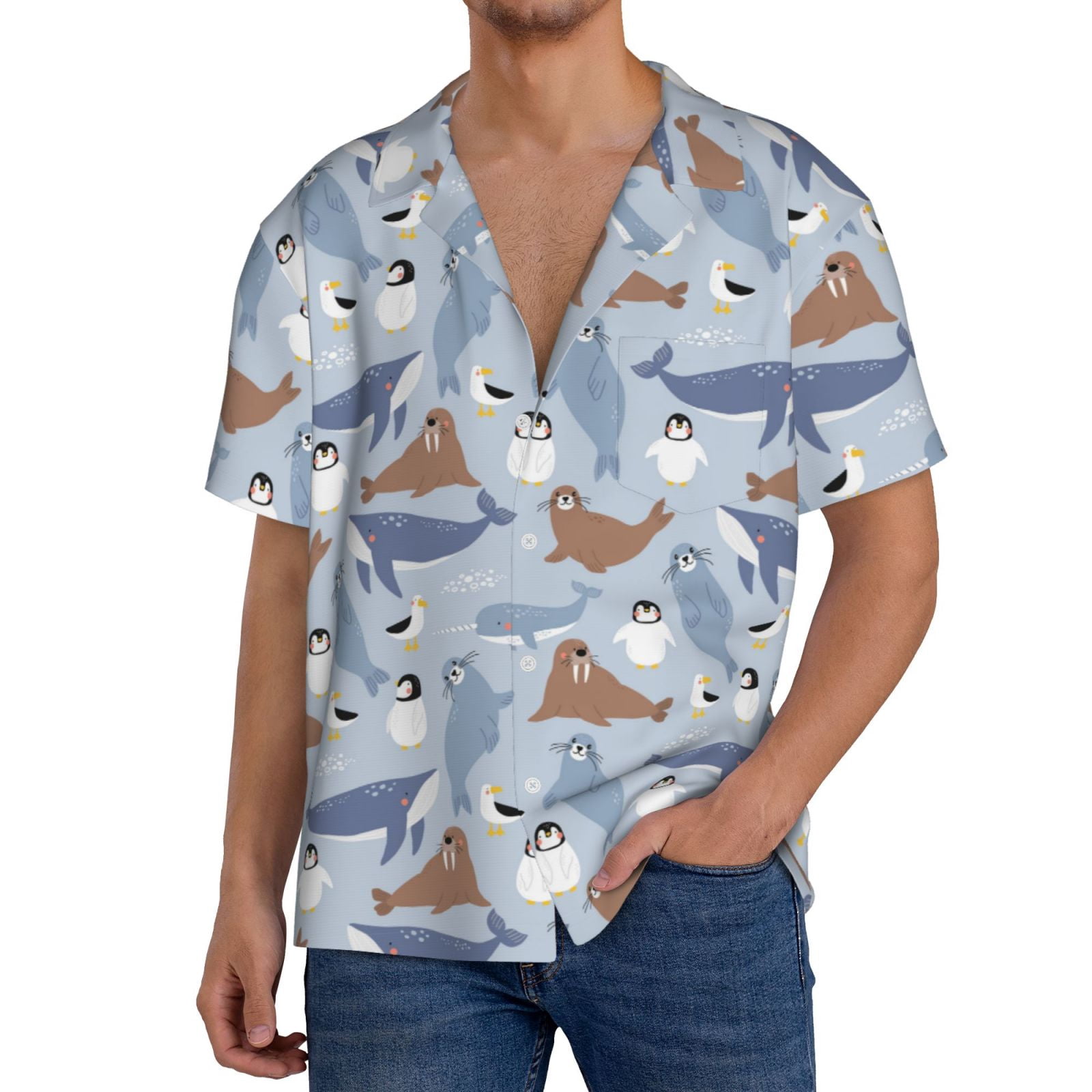 Gaeub Seal Fox Seagull Whales Men's Lapel Short Sleeve Shirt,Cuban ...