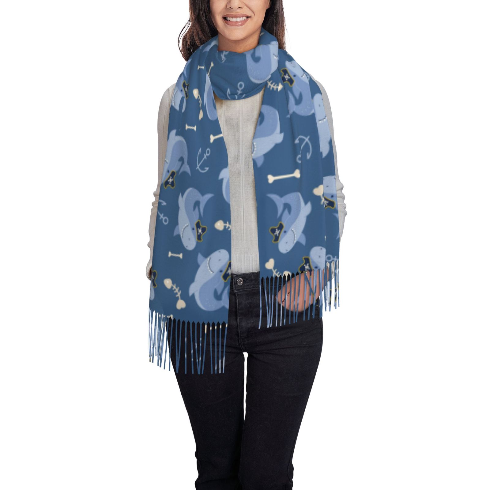 Gaeub Shark pirate Print Tassel Scarf,Wraps Scarves for Women,Winter ...
