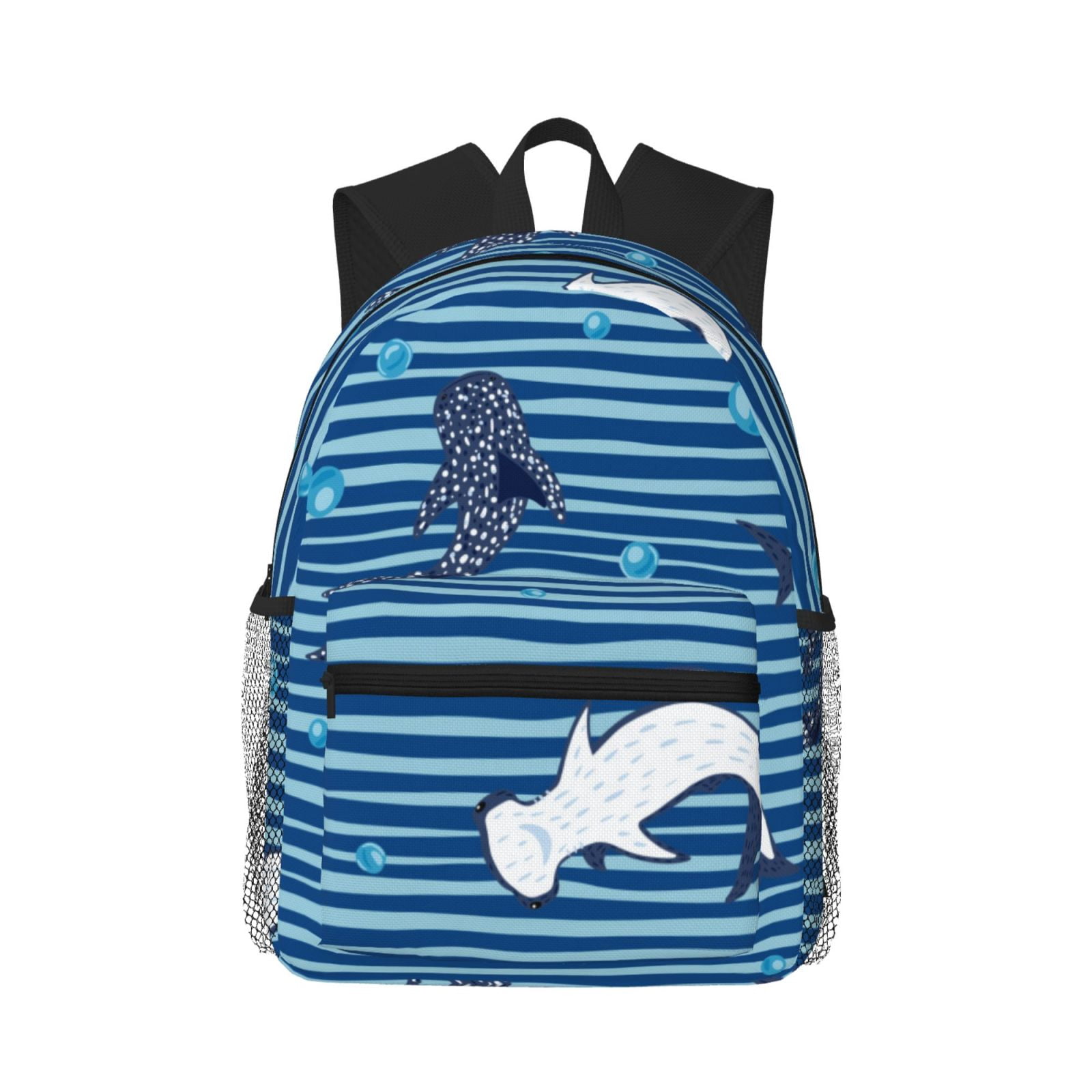 Gaeub Sharks on White Blue Striped School Backpack Waterproof Bookbag ...