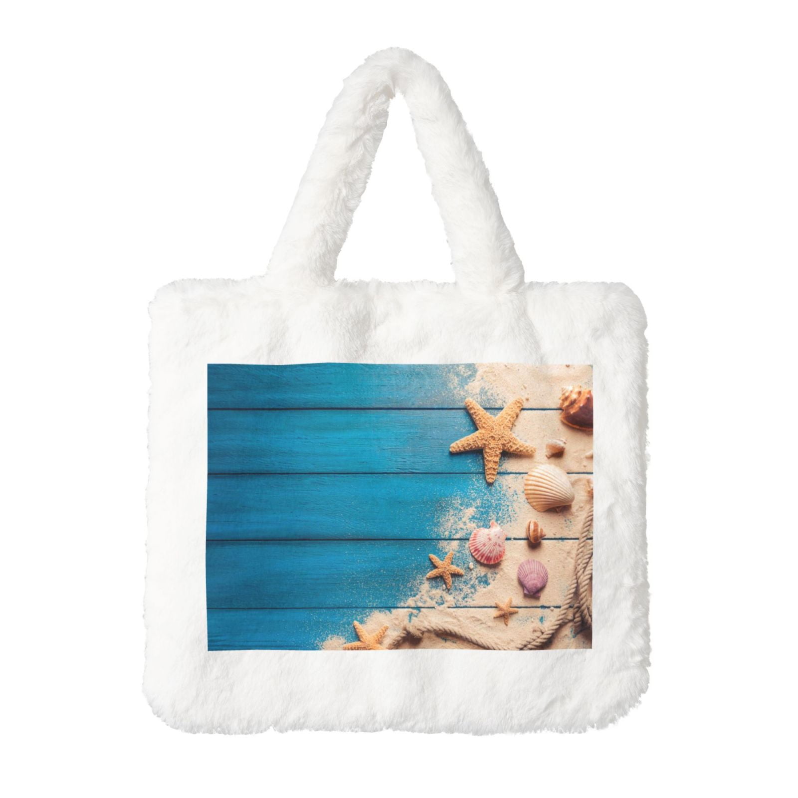 Gaeub Shells and Starfish Printed Plush Underarm Bag, Ladies Fluffy ...