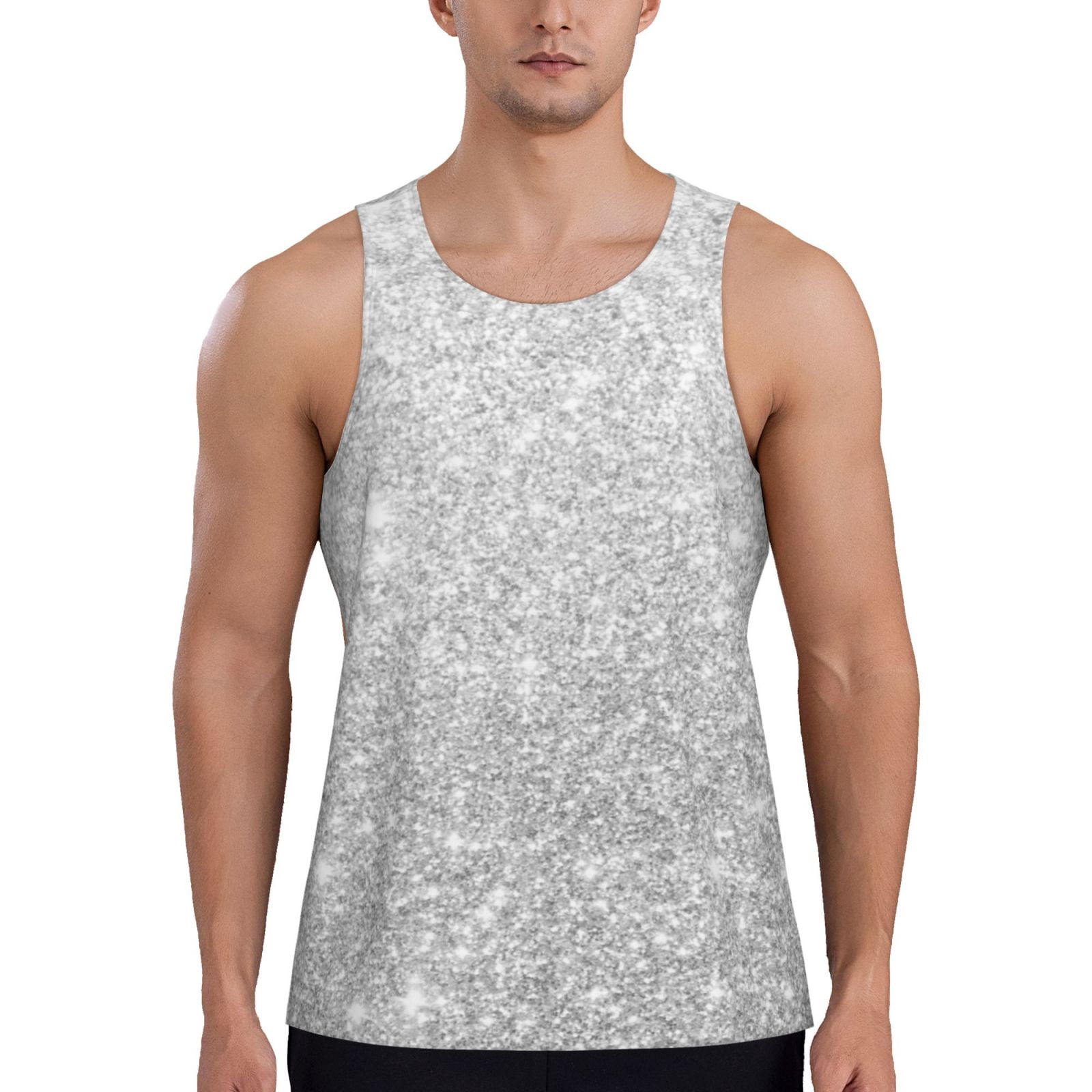 Gaeub Silver Glitter Print Men's Workout Tank Top , Casual Soft Sleeveless Gym Muscle Shirts ...