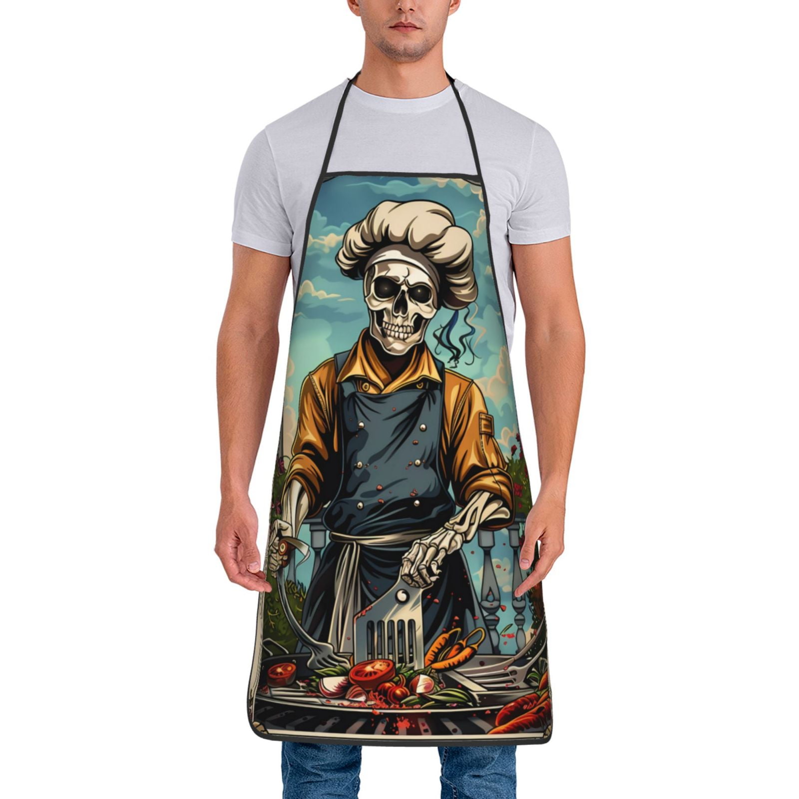 Gaeub Skeleton Chef BBQ Scene Print Apron for Men and Women,Waterproof ...