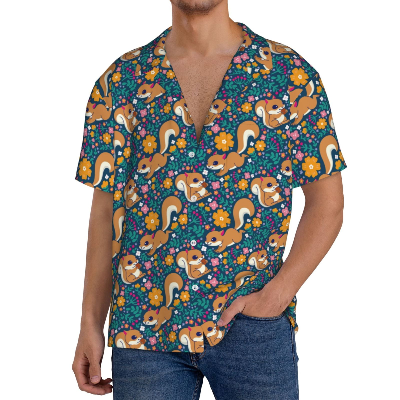Gaeub Squirrel Garden Delight Men's Lapel Short Sleeve Shirt,Cuban ...