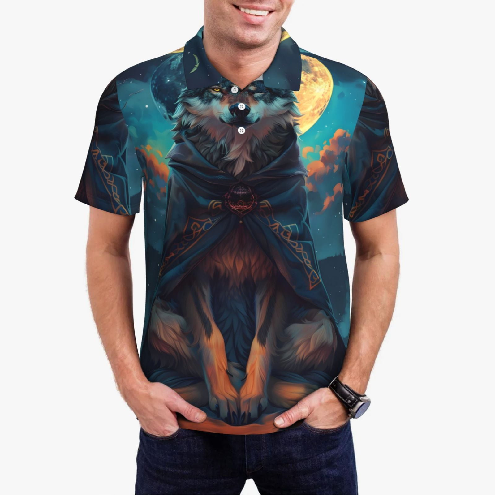 Gaeub Starry Sky Moon Wolf Leader Print Men's Polo Shirts, Short Sleeve ...