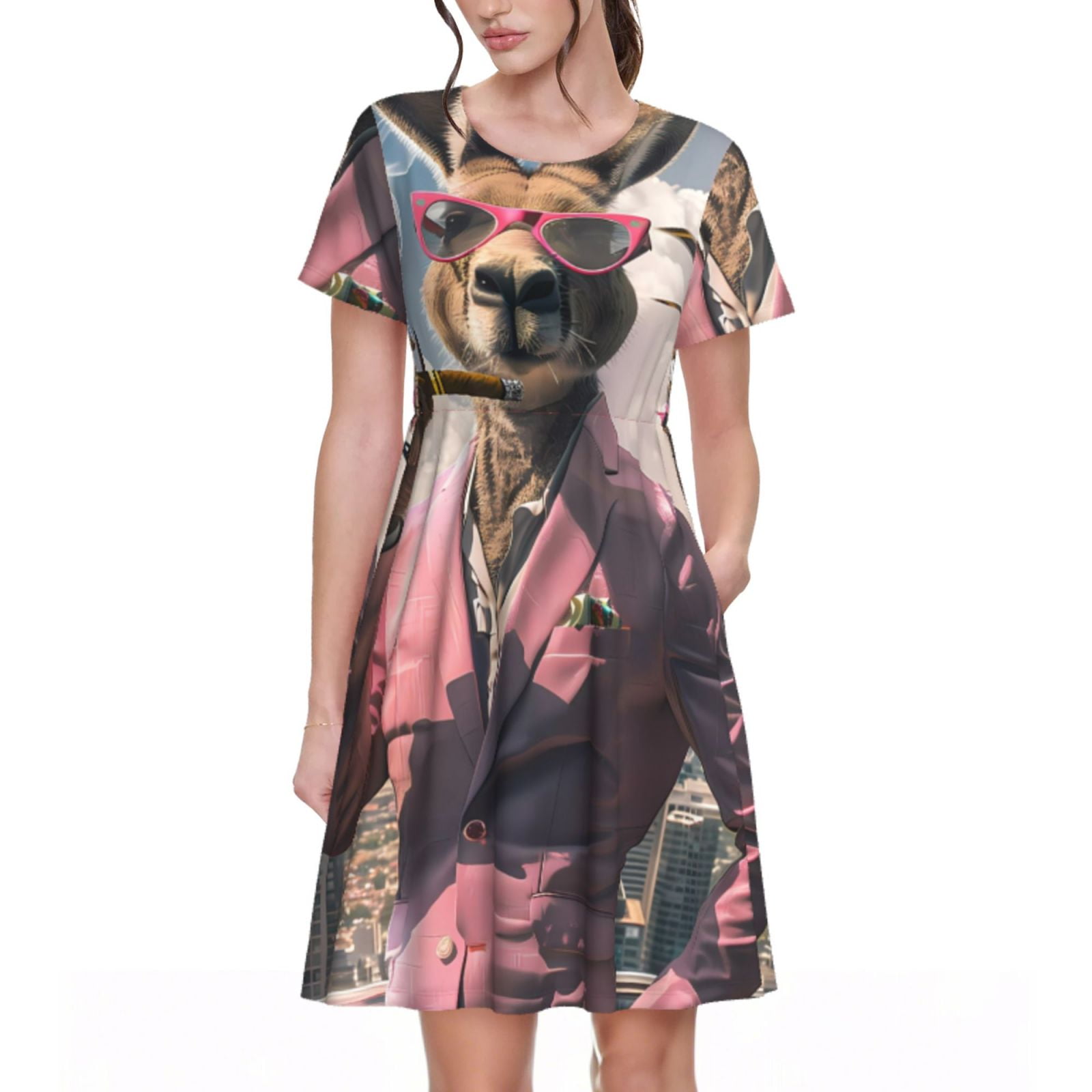 Gaeub Stylish Kangaroo In Suit Print Womens Dresses,Casual Short Sleeve ...