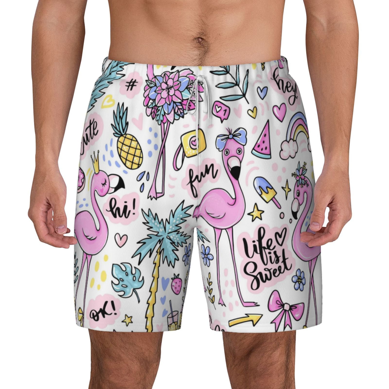 Gaeub Summer With Flamingo Mens Swim Trunks Stretch Beach Shorts Quick