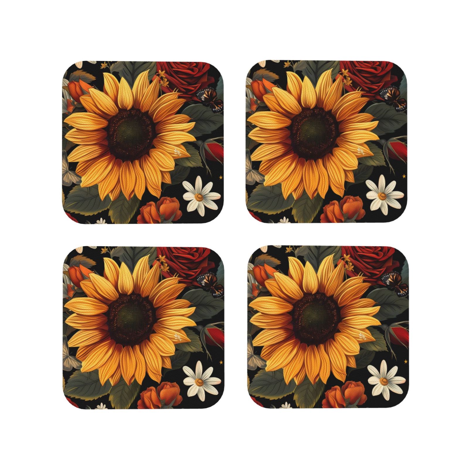 Gaeub Sunflower Floral Butterfly Print 4 Pcs Leather Coasters for ...