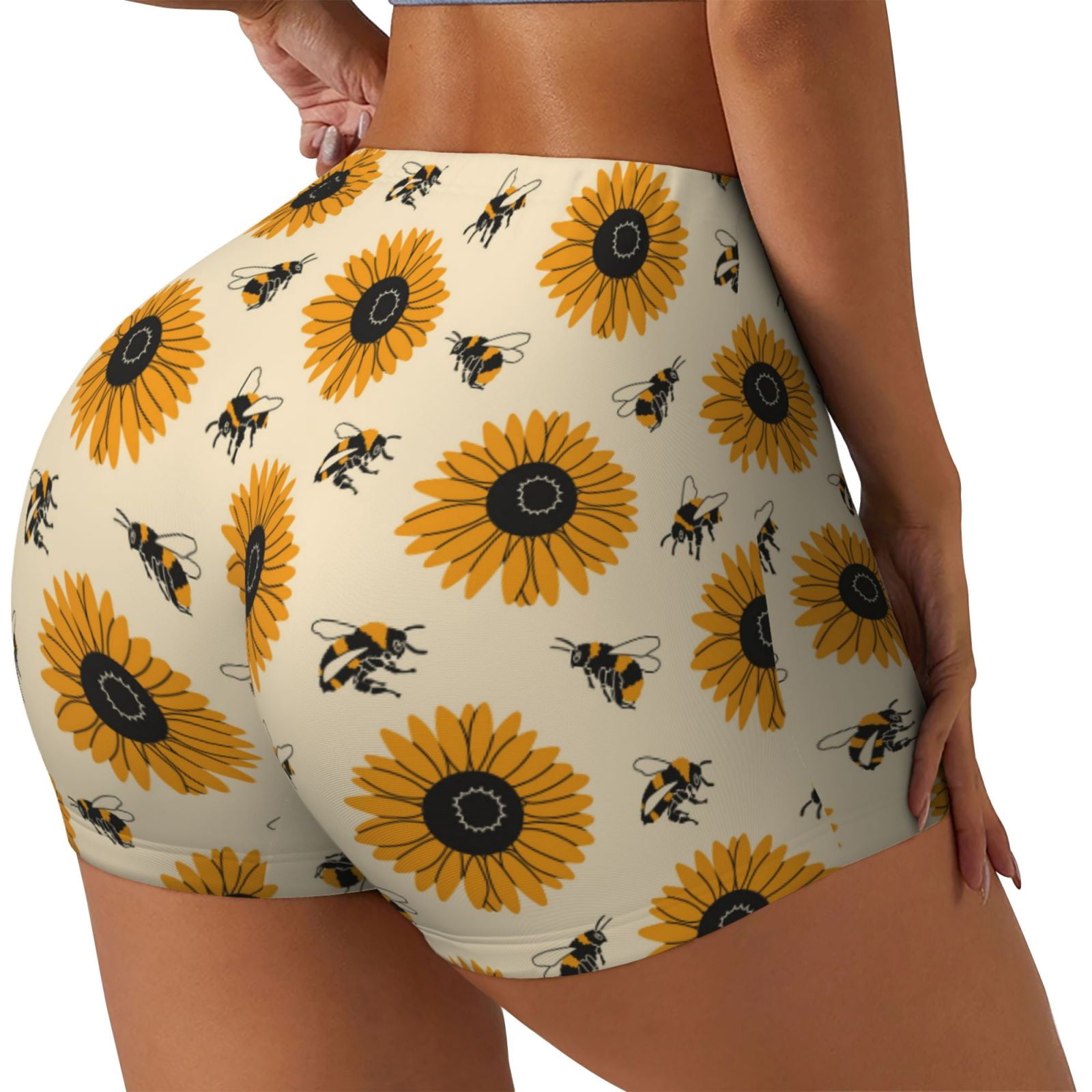 Gaeub Sunflowers And Bee Print Workout Shorts for Women,Seamless ...