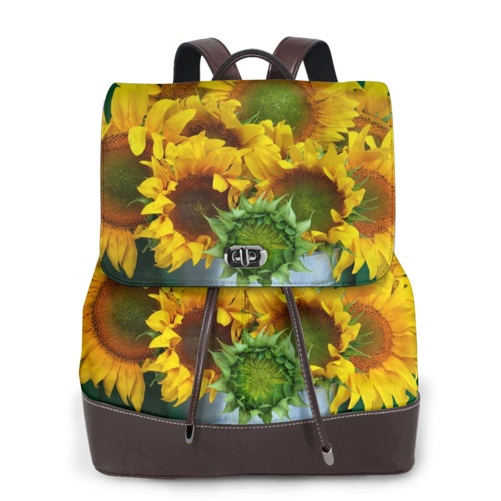 Gaeub Sunflowers in Bucket Print Women's Leather Backpack,Travel Laptop ...