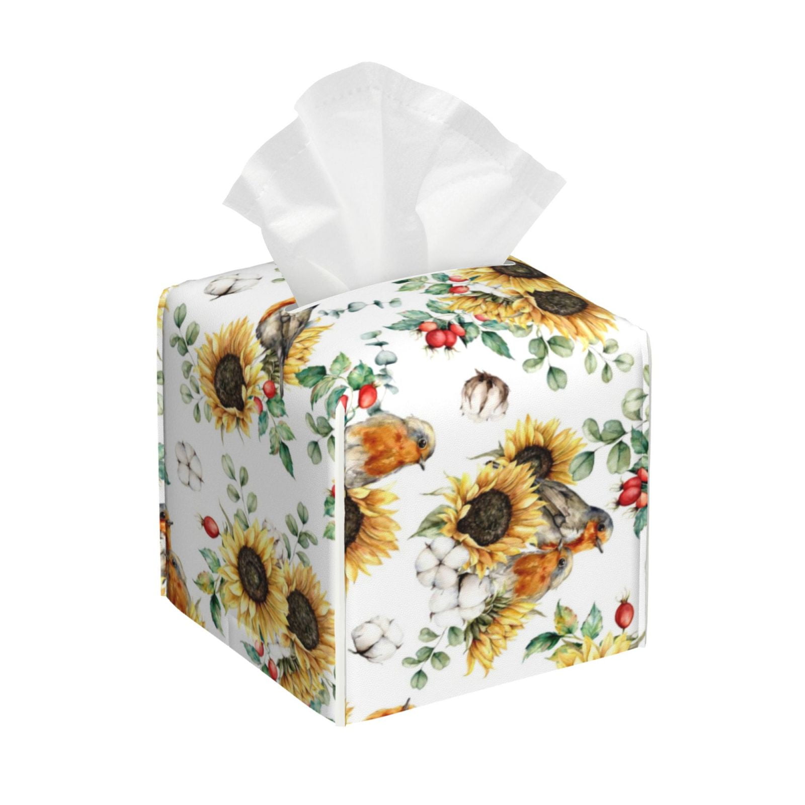 Gaeub Sunflowers Leaves And Birds Print Leather Tissue Box Cover Square ...