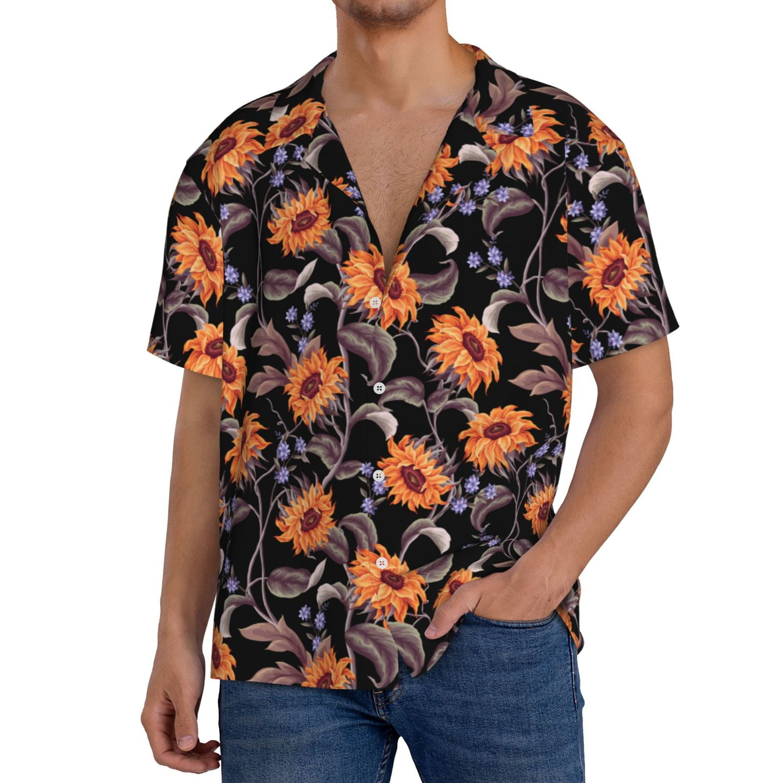 Gaeub Sunflowers Men's Lapel Short Sleeve Shirt,Cuban Shirts For Men ...
