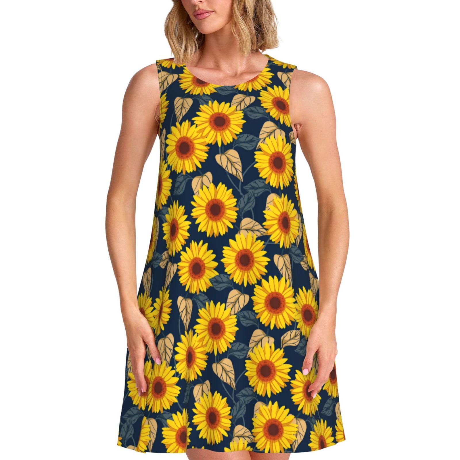 Gaeub Sunflowers Print Women's Sleeveless Dresses,Beach Casual Tank ...