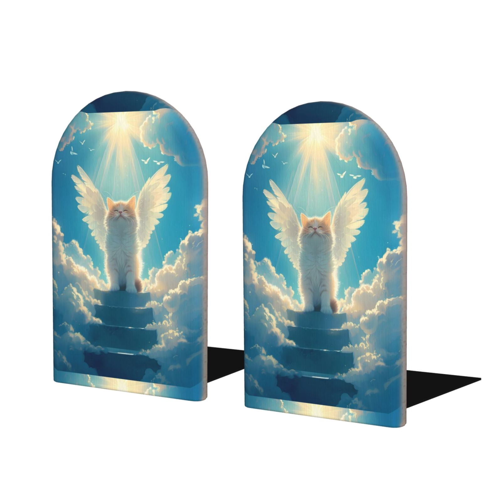 Gaeub Sunshine Cute Winged Cat Wood Bookends, Non-Slip Bookends, Heavy ...