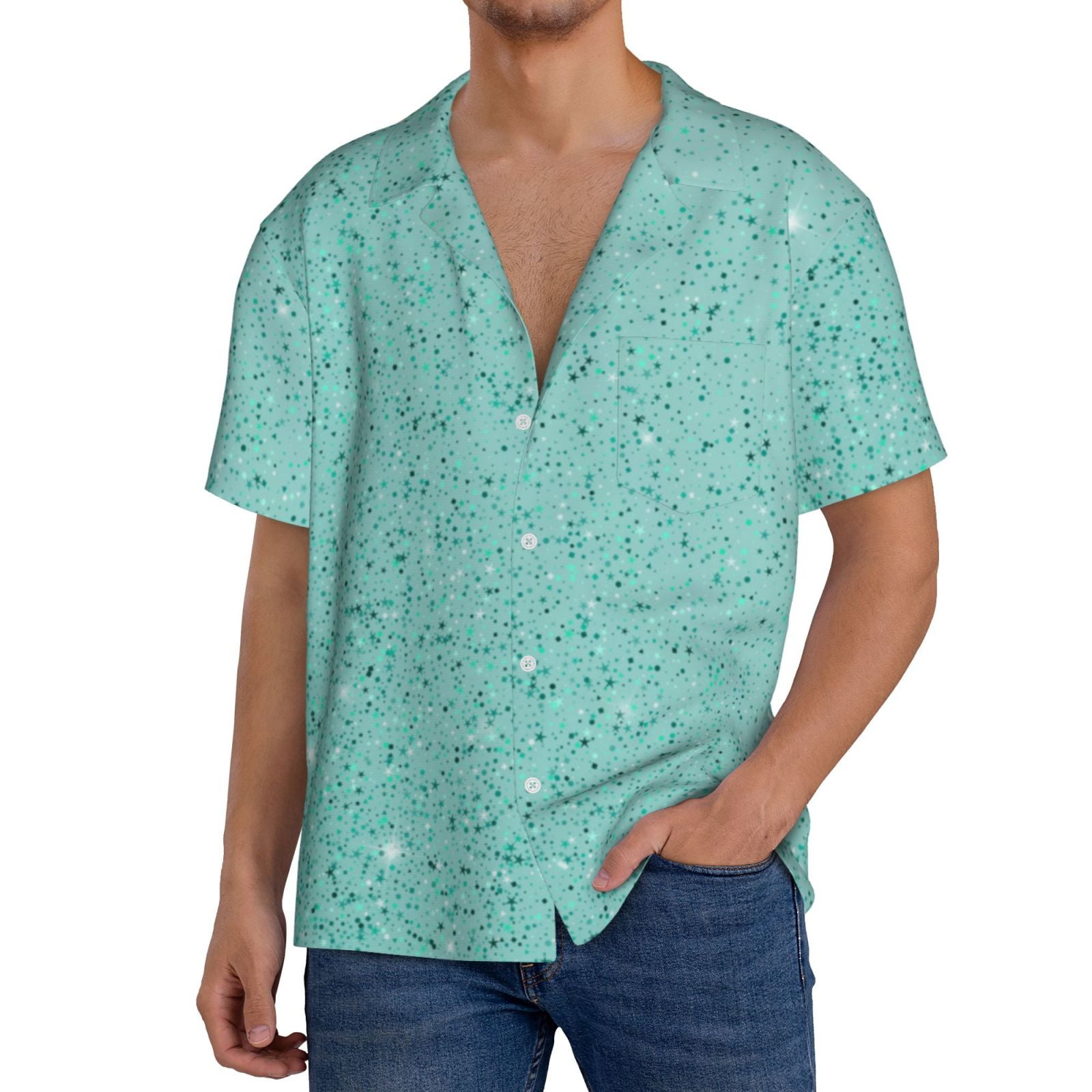 Gaeub Teal Turquoise Glitter Men's Lapel Short Sleeve Shirt,Cuban ...