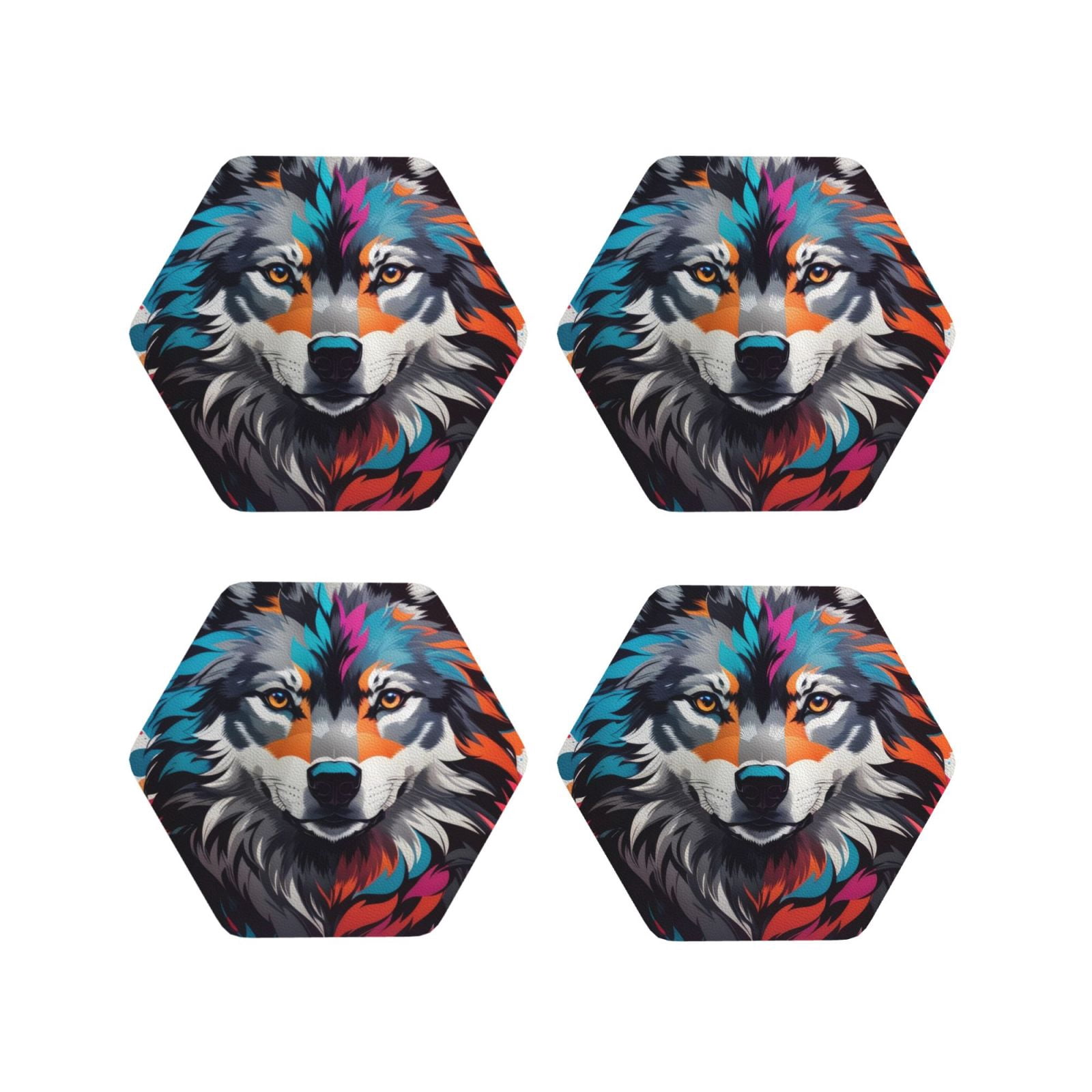 Gaeub Tie-Dye Wolf Head Print 4 Pcs Leather Coasters for Drinks ,Drink ...