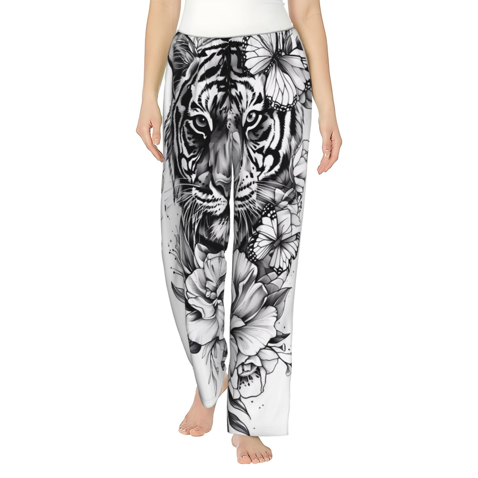 Gaeub Tiger Butterfly Floral Art Soft Pajama Pants for Women, Wide Leg ...