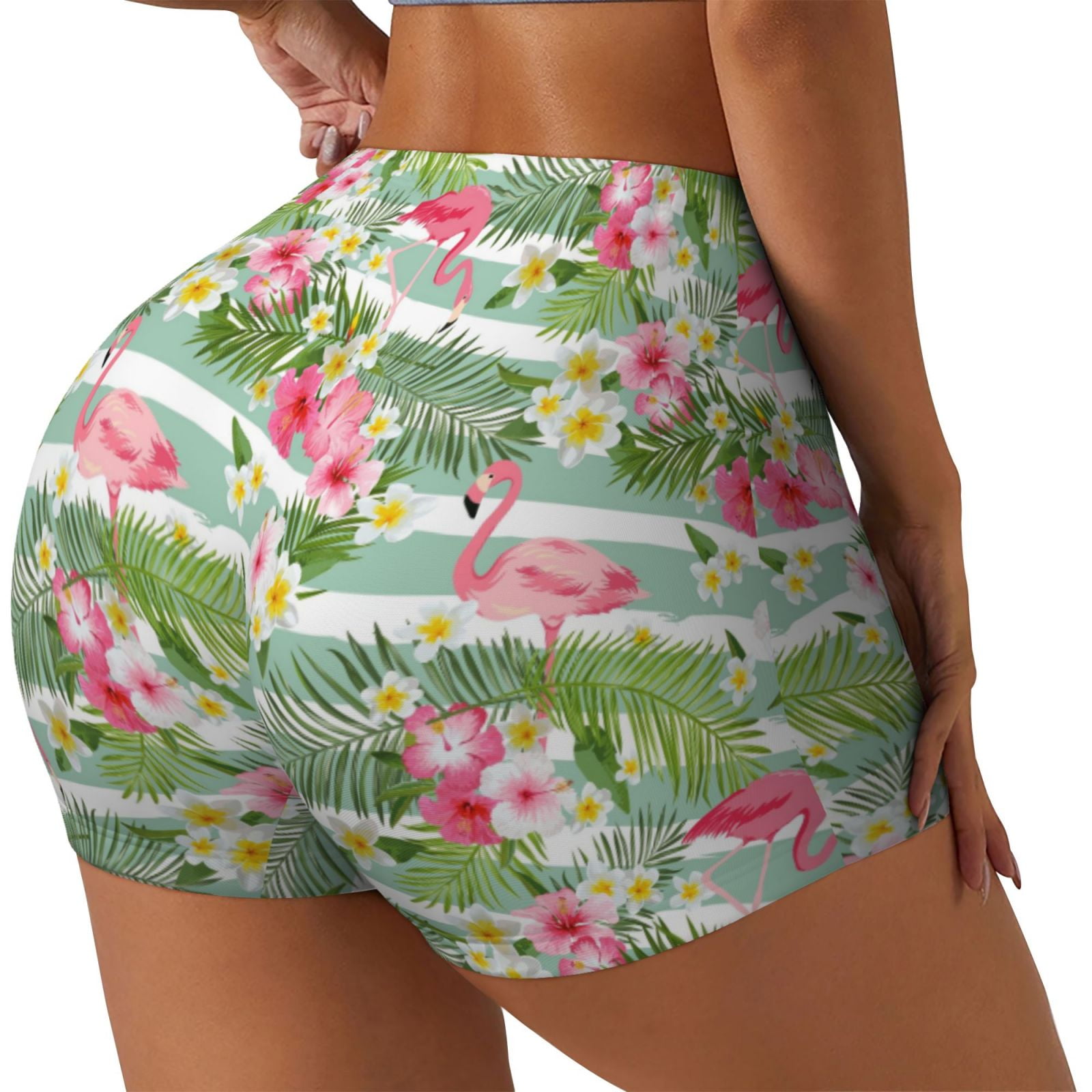 Gaeub Tropical Flamingo Print Workout Shorts for Women,Seamless Scrunch Short,Gym Yoga Running ...