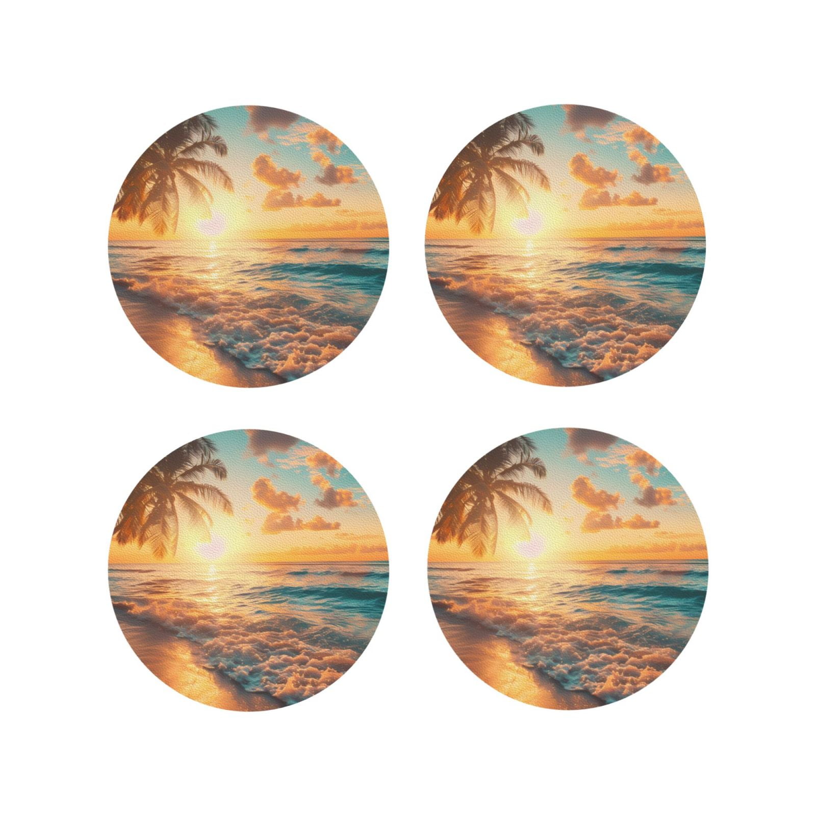 Gaeub Tropical Sunset Beach Scene Print 4 Pcs Leather Coasters for ...