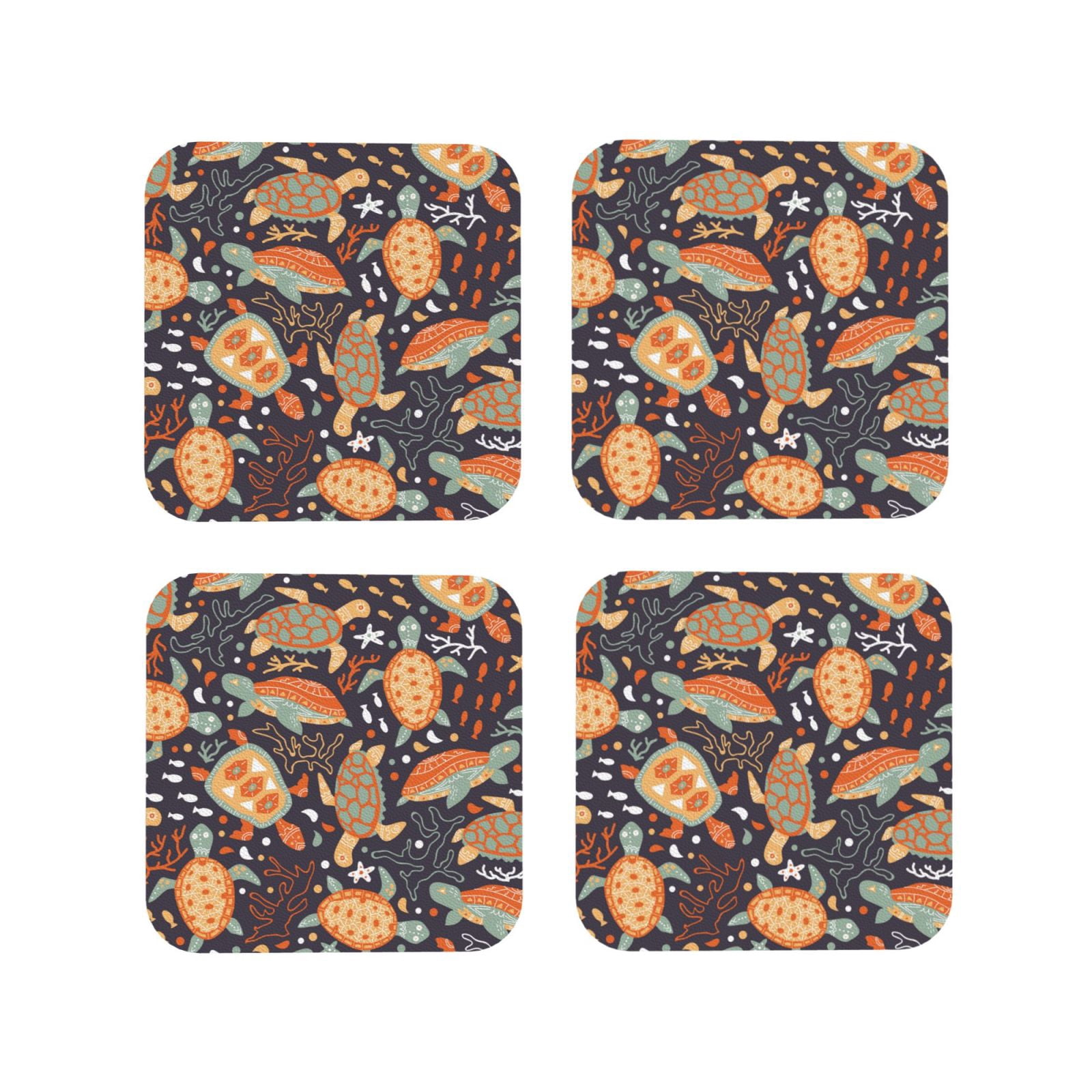 Gaeub Turtles and Sea Plants Print 4 Pcs Leather Coasters for Drinks ...