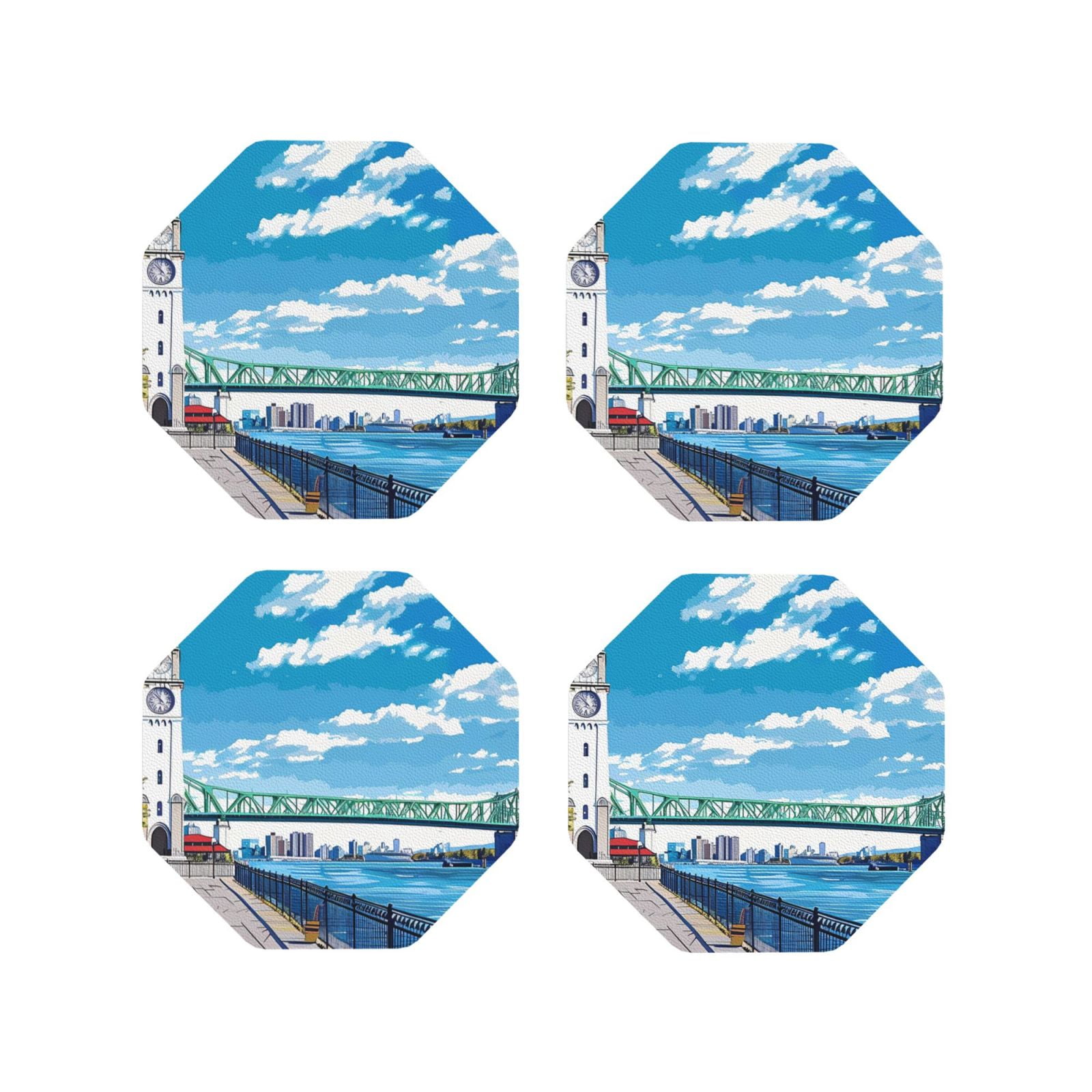 Gaeub Urban Riverside Clock Tower Print 4 Pcs Leather Coasters for ...