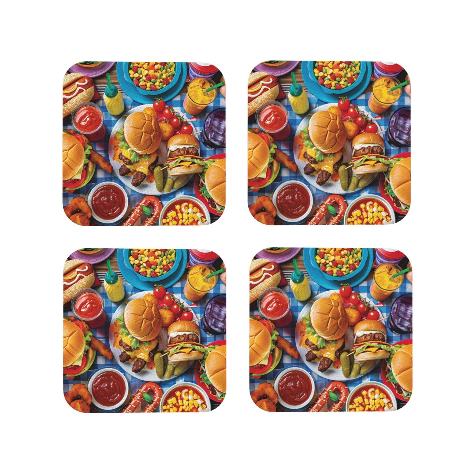 Gaeub Vibrant Picnic Food Spread Print 4 Pcs Leather Coasters for ...
