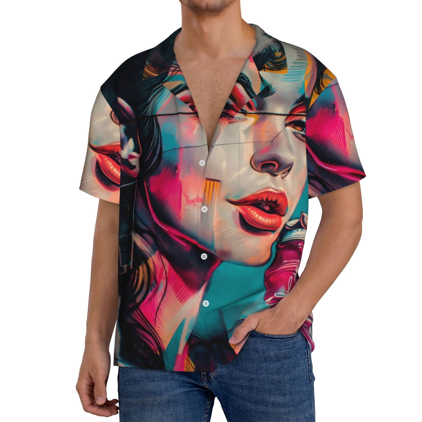 Gaeub Vibrant Street Art Portrait Men's Lapel Short Sleeve Shirt,Cuban ...