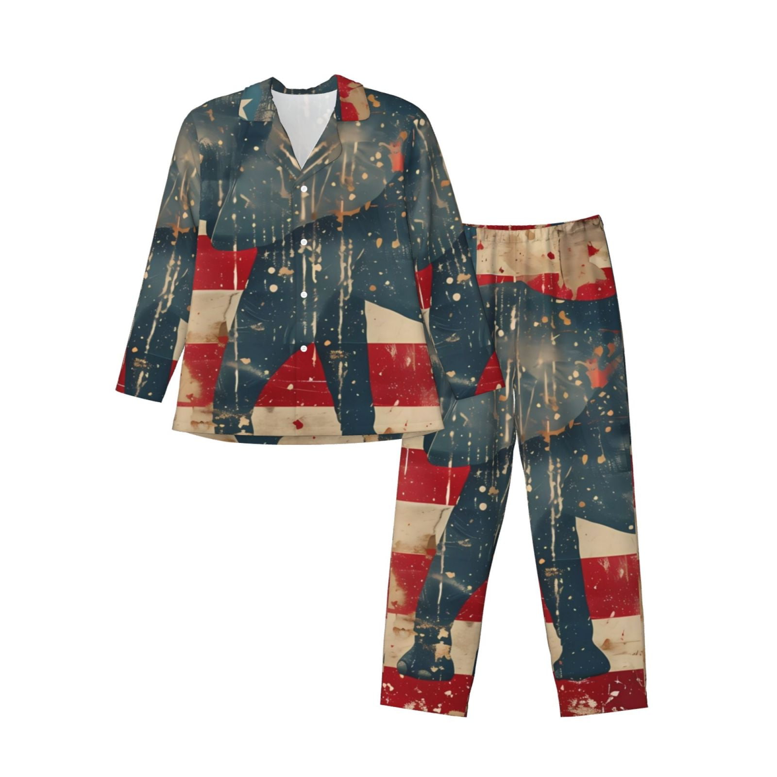 Gaeub Vintage American Flag Elephant Print Mens Pajama Set, Long Sleeve ...