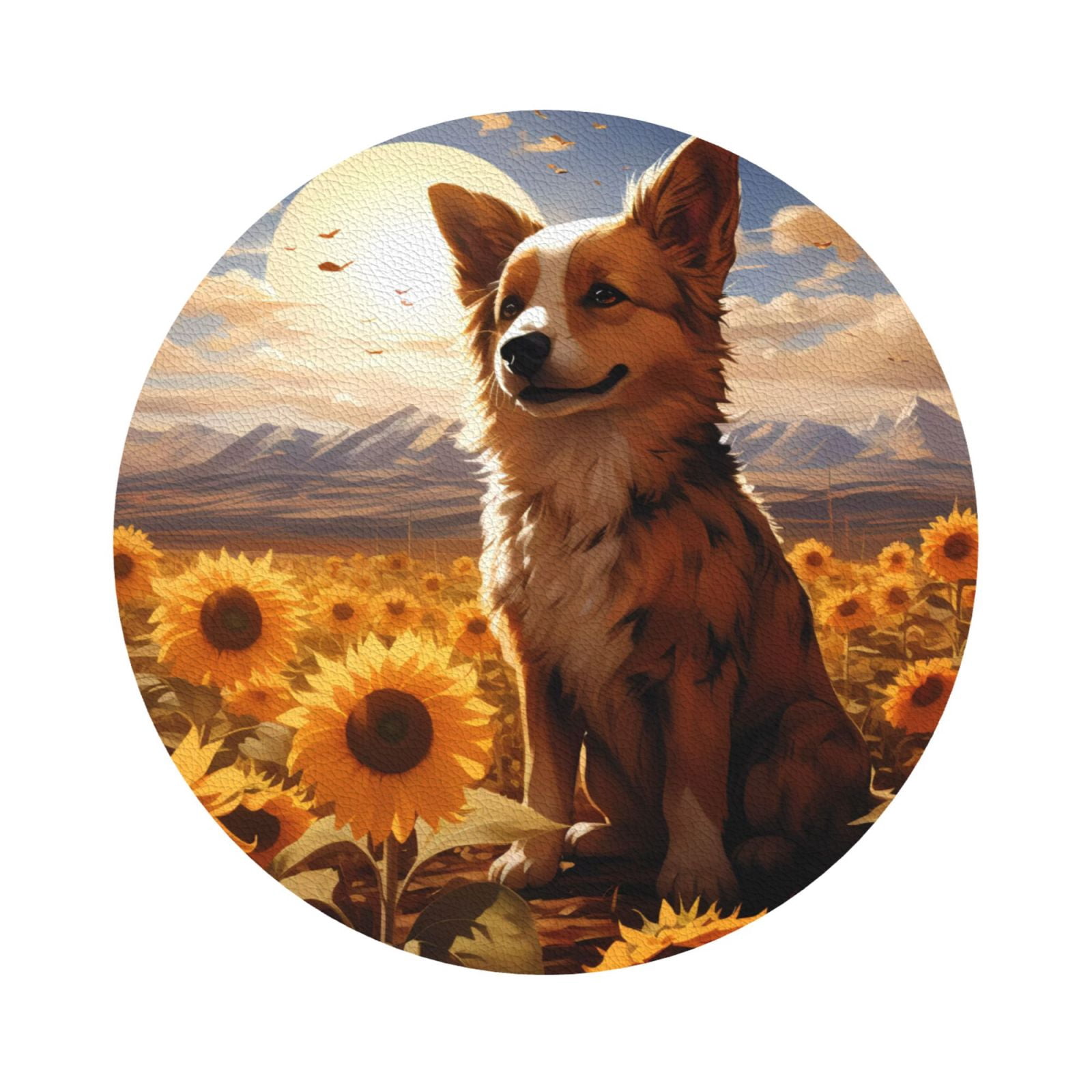 Gaeub Vintage Cute Corgi Sunflower Print 6 Pcs Leather Coasters for ...