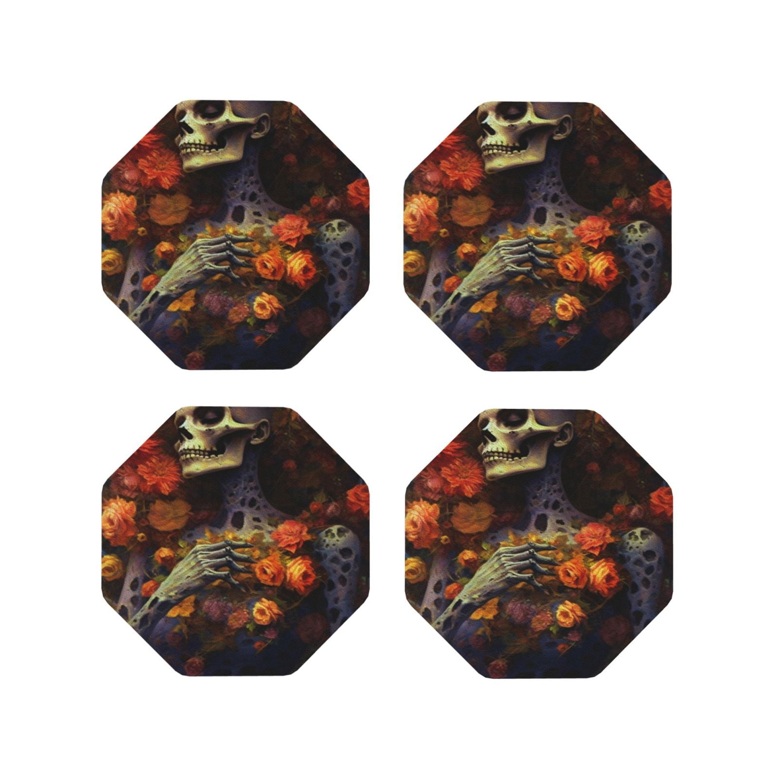 Gaeub Vintage Floral Skull Print 4 Pcs Leather Coasters for Drinks ...