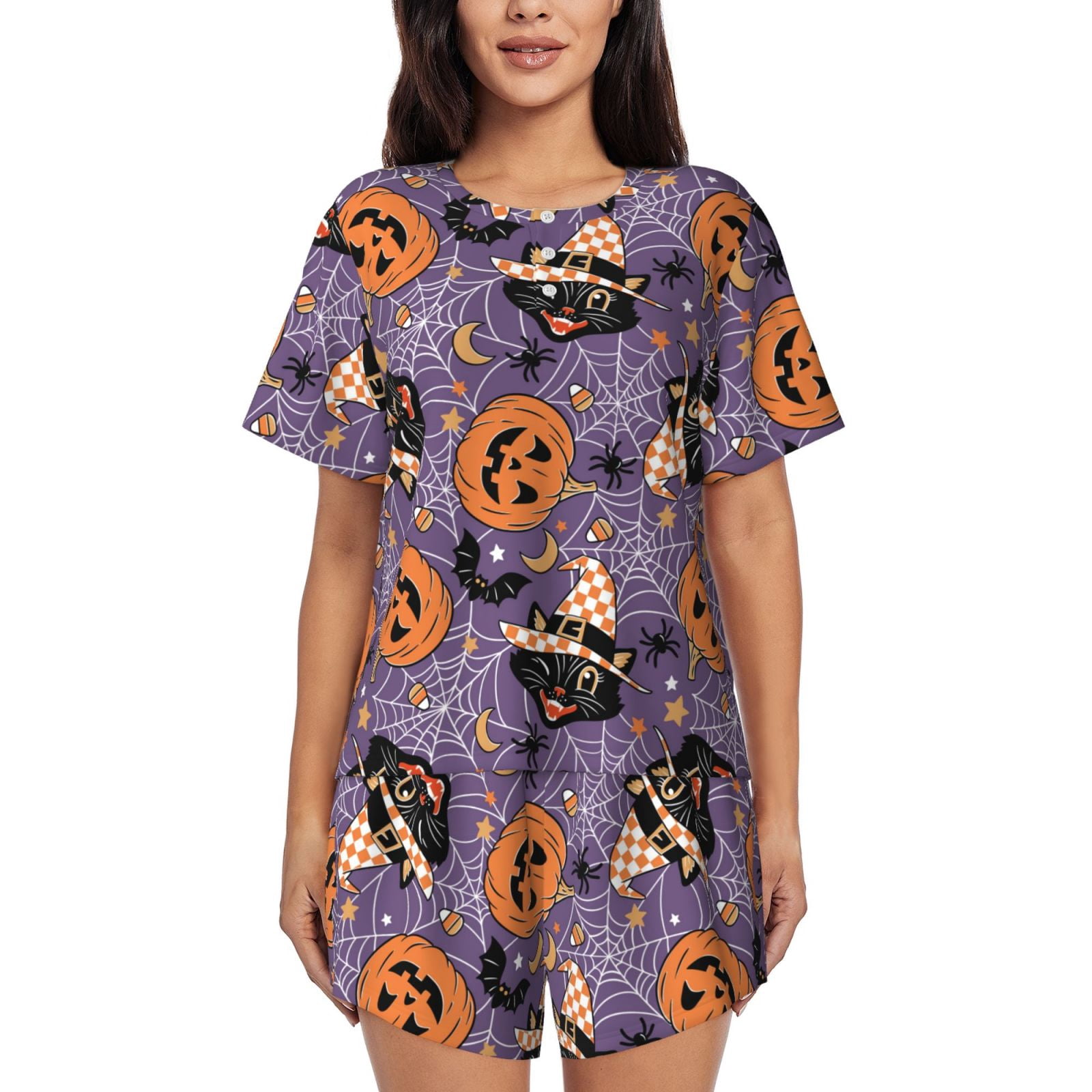 Gaeub Vintage Halloween Black Cat Women's Short Sleeve Pajama Set Soft ...