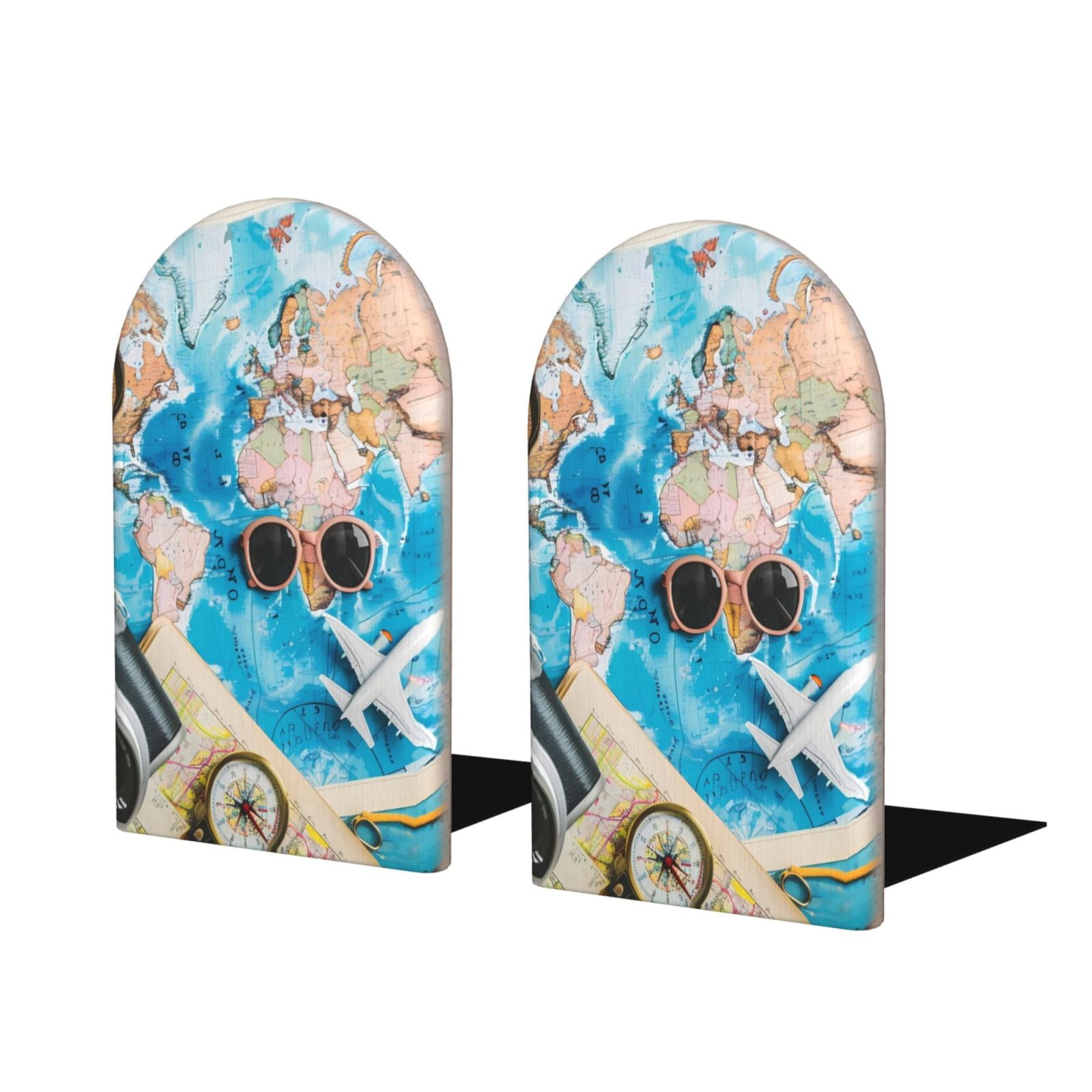 Gaeub Vintage Map Travel Essentials Wood Bookends, Non-Slip Bookends ...